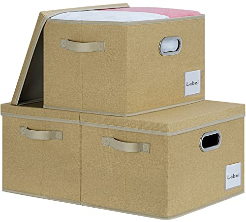 LHZK Large Storage Bins with Lids 6 Pack, Linen Fabric Storage Boxes with Lids, Foldable Storage Baskets with 3 Handles and Label Window for Shelves Bedroom Closet Office (15x11x9.6,Grey,Beige)