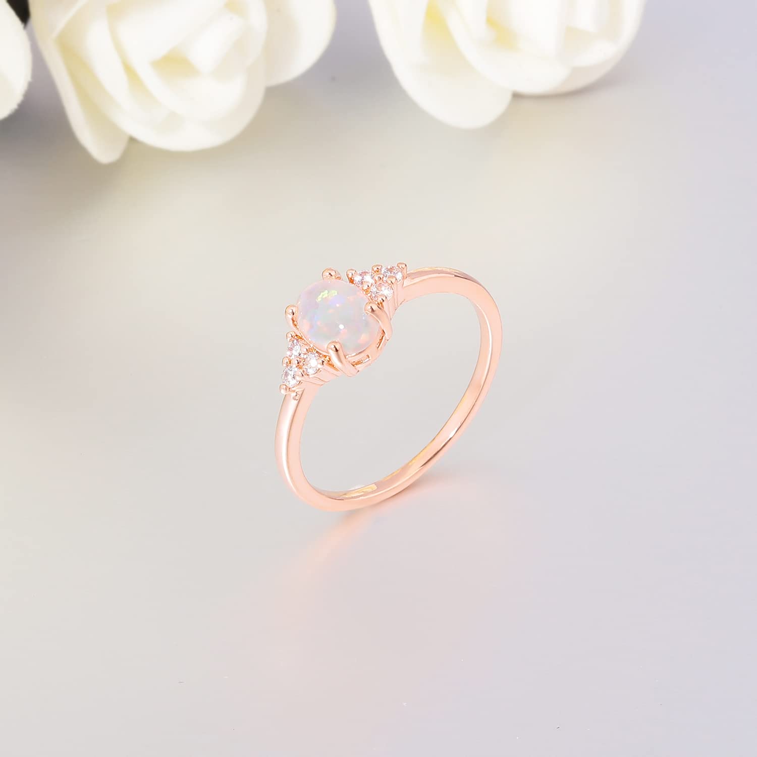 CiNily Wedding Rings for Women Eternity Band 14K Rose Gold Plated Cubic Zirconia Promise Ring Gift for Her, White Fire Opal Engagement Rings Size 6