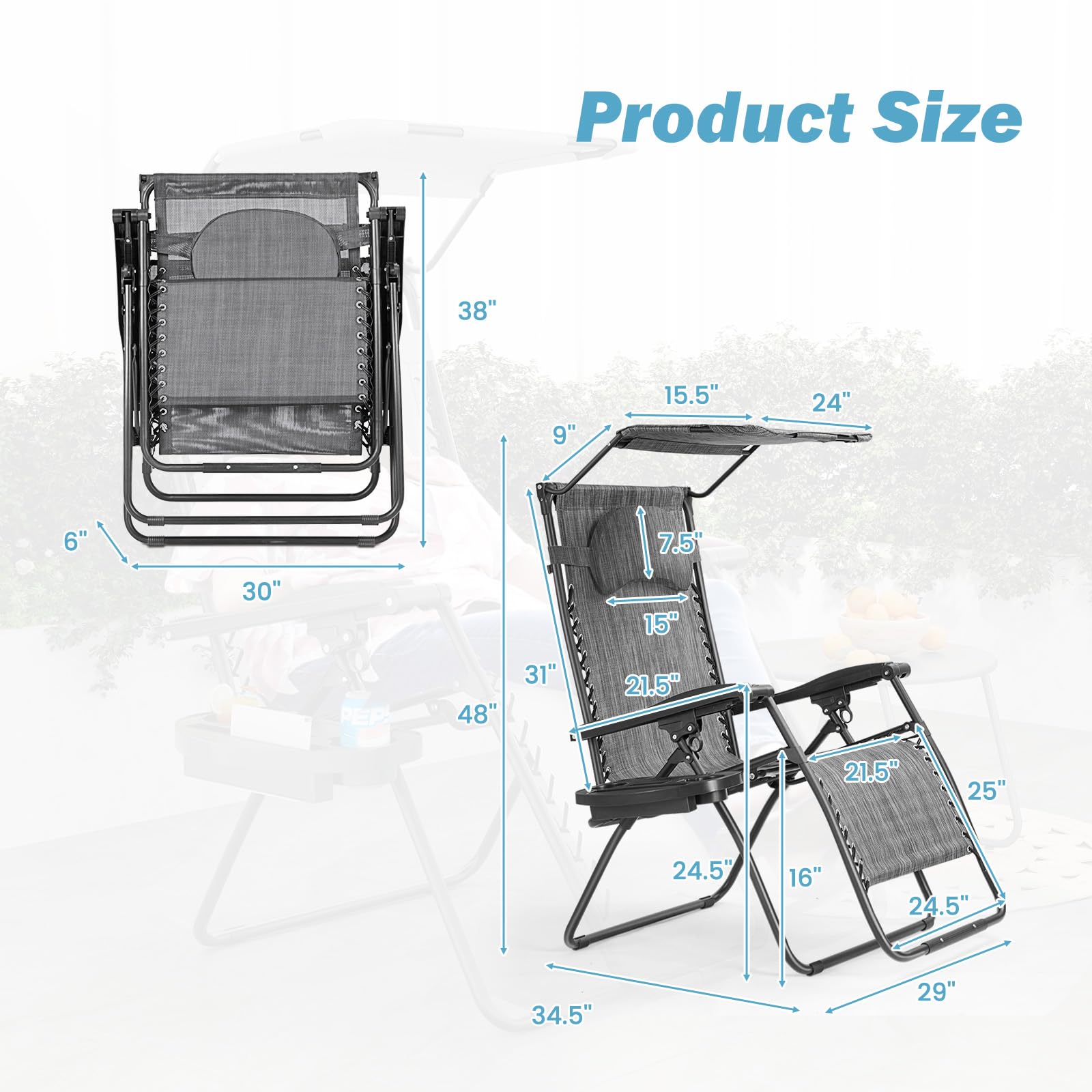 Goplus Zero Gravity Chairs, X-Large Folding Lounge Lawn Chair w/Canopy Shade & Cup Holder, Adjustable Folding Patio Recliner for Pool Porch Deck Oversize (Grey)