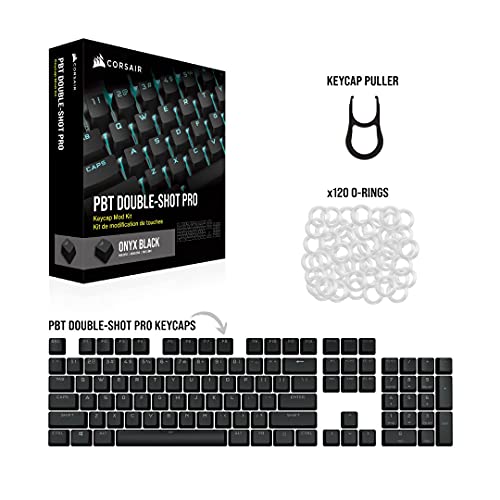 Corsair PBT Double-Shot PRO Keycap Mod Kit – Double-Shot PBT Keycaps – Onyx Black – Standard Bottom Row – Textured Surface – 1.5mm-Thick Walls – O-Ring Dampeners