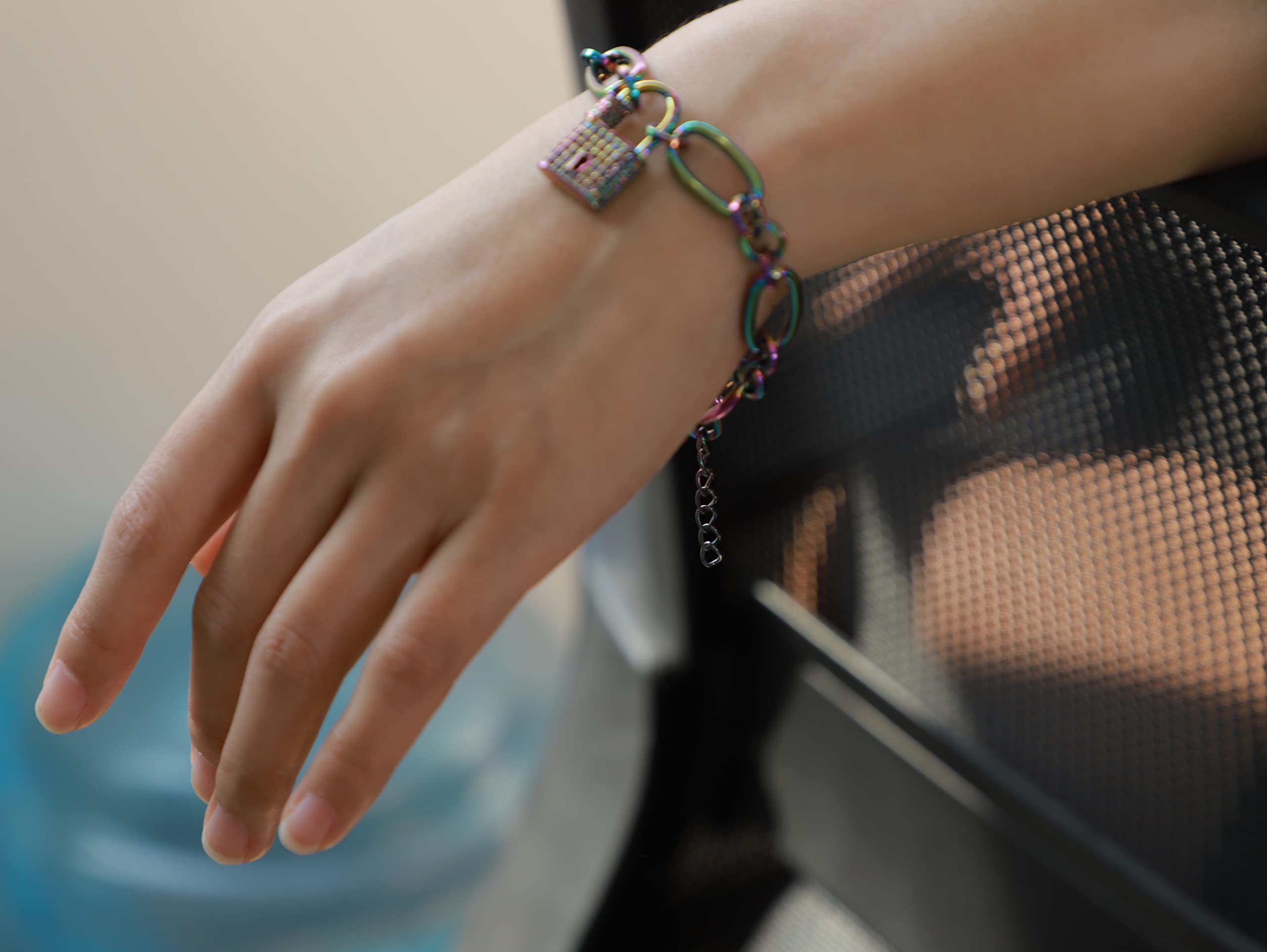 Donabus Statement Bracelet,Anodized Plated-Rainbow Bracelets,Oil Slick Chain Link Bracelet Charms for Unisex(Pad Lock)