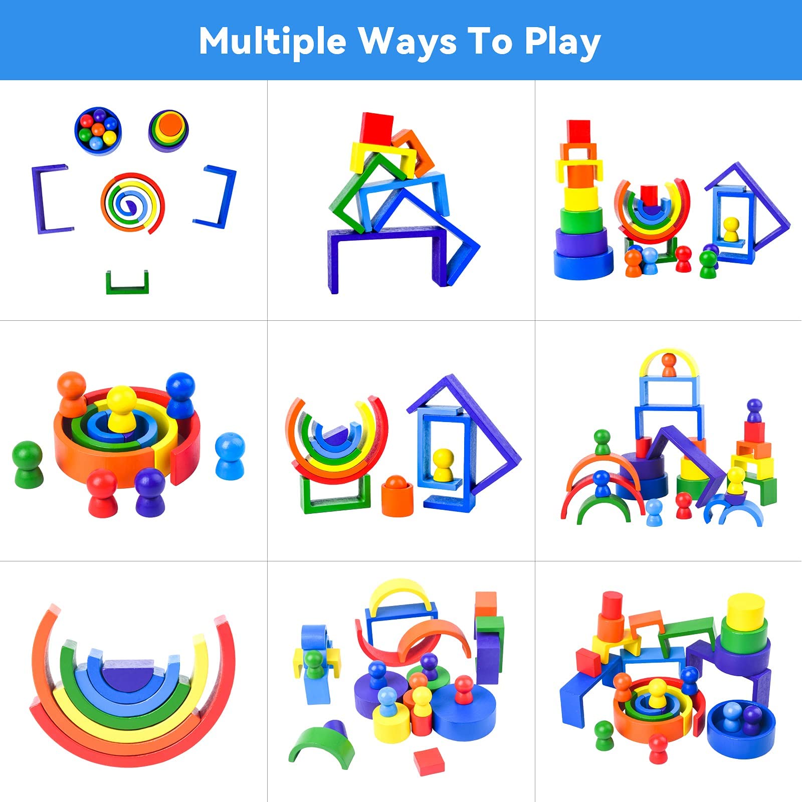 WODI Mini Wooden Rainbow Stacking Toy 27 PCS Early Educational Sorting Nesting Building Blocks Matching Games Montessori Sensory Toys Learning Gifts for Preschool Kids Boys and Girls Age 3+
