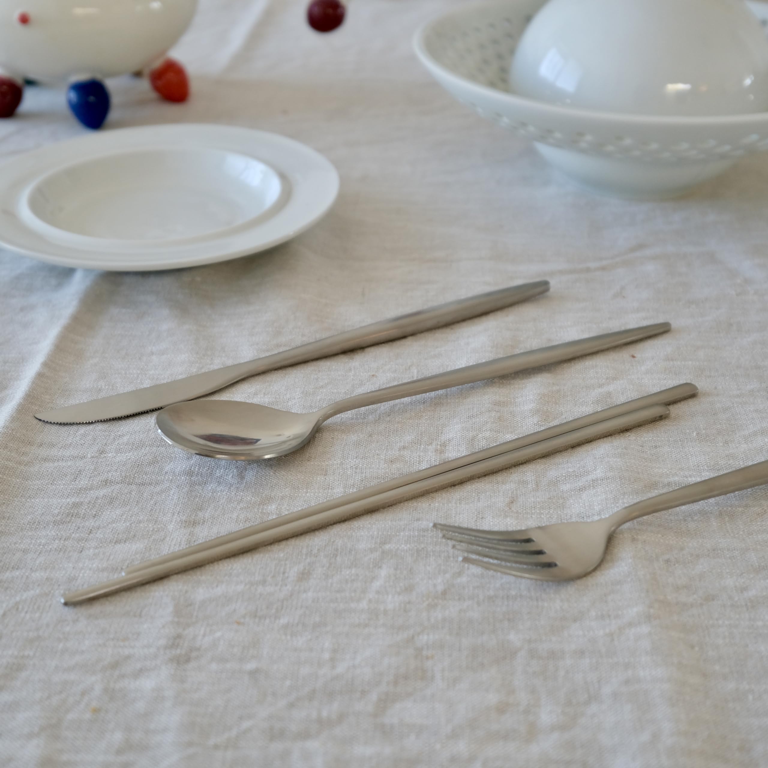 cozymomdeco Korean Made Stainless Steel Utensil Flatware Cutlery Korean Chopsticks and Spoon Set Fork Knife Spoon & Chopsticks, 4Pcs (Silver)
