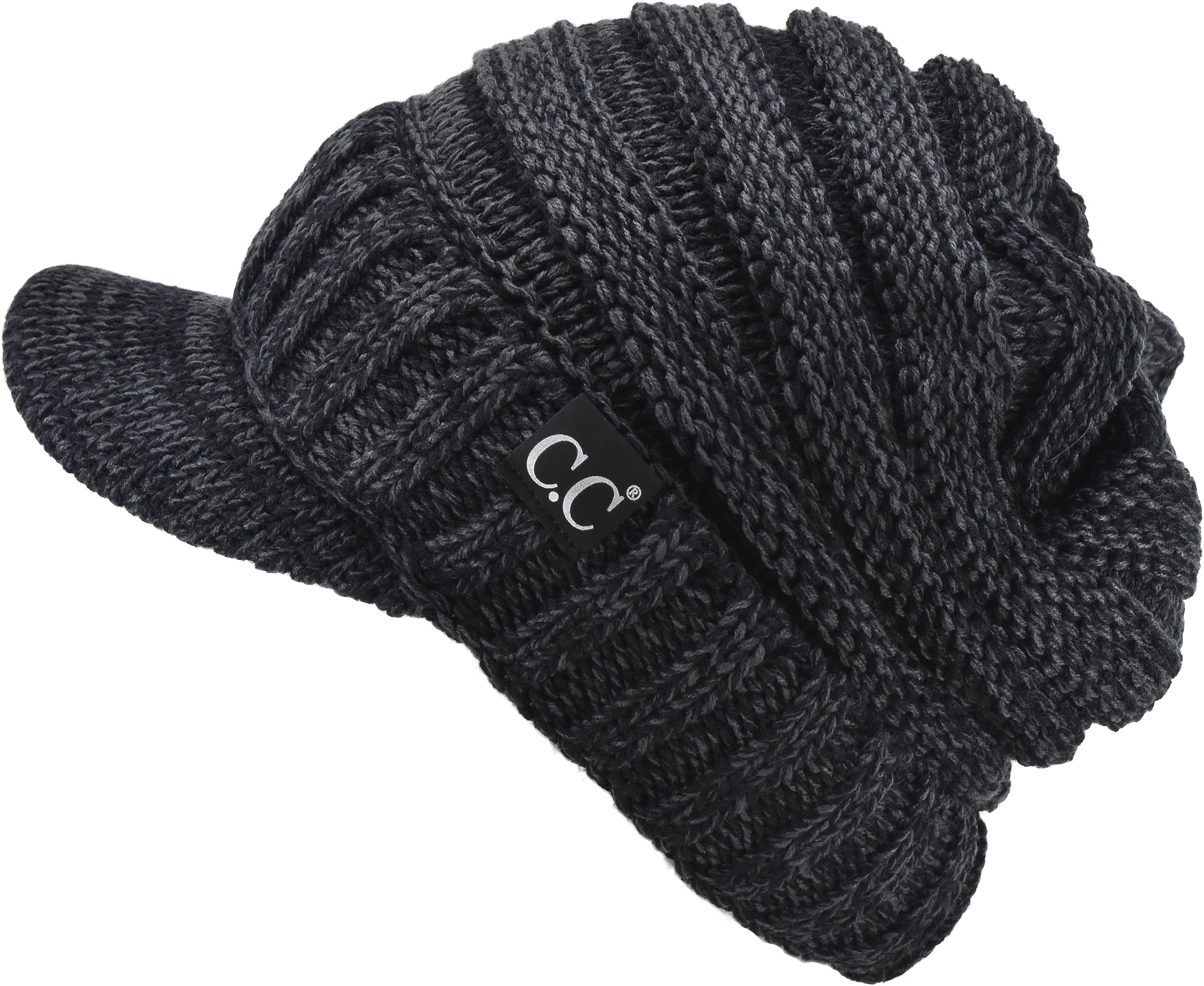 C.C Trendy Warm Oversized Chunky Soft Oversized Ribbed Slouchy Knit Hat with Visor Brim (Black/Charcoal)