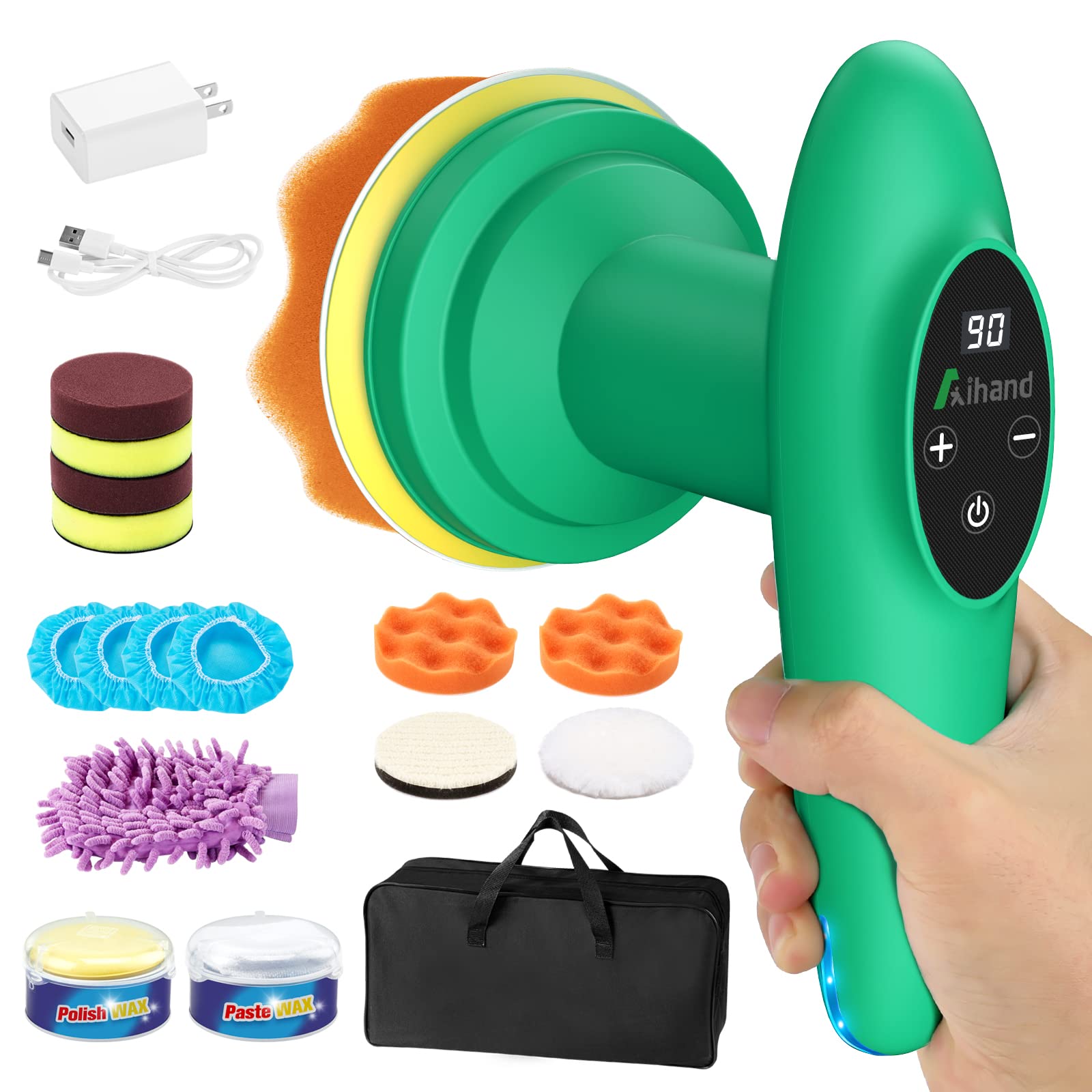 Cordless Car Polisher, 4inch 2500-6000 RPM Orbital Polisher with 8 Pads, Aihand Lightweight Micro Cordless Buffer with Polish/Paste Wax for Car Detailing/Waxing, 6 Speeds, 12V with LCD Display
