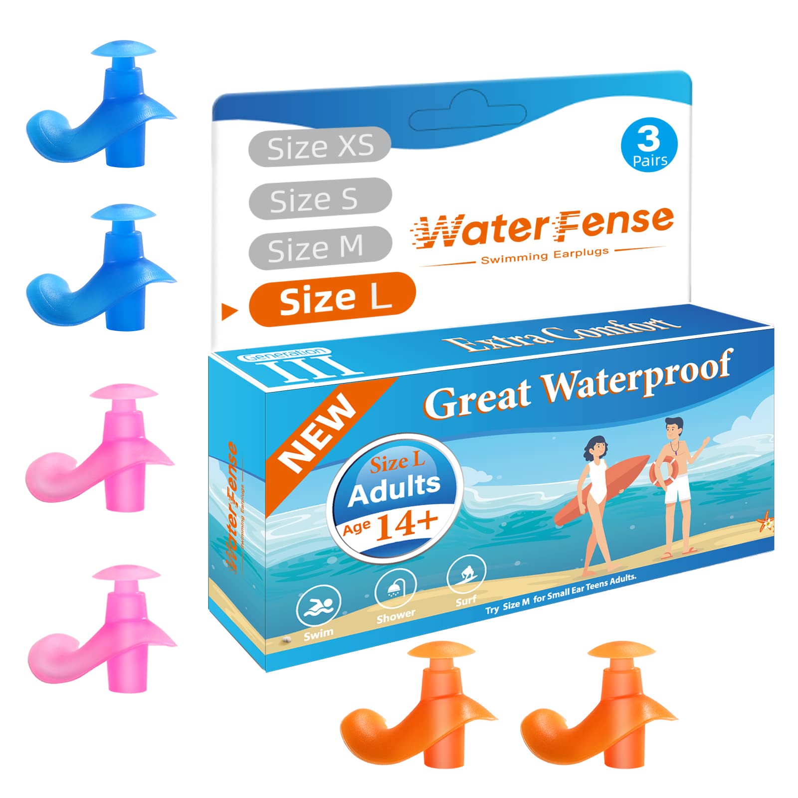 Ear Plugs for Toddlers, WaterFense Great Waterproof Ear Plugs for Swimming Toddler - 3 Pairs Comfortable Soft Silicone Shower Ear Plugs