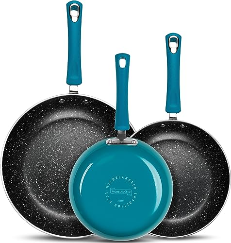 MICHELANGELO Non Stick Frying Pans Set, 3 Piece Frying Pans Nonstick, Enamel Pan Sets for Cooking Nonstick, 8 Inch, 9.5 Inch and 11 Inch Nonstick Frying Pan Set with Silicone Handle, Cyan