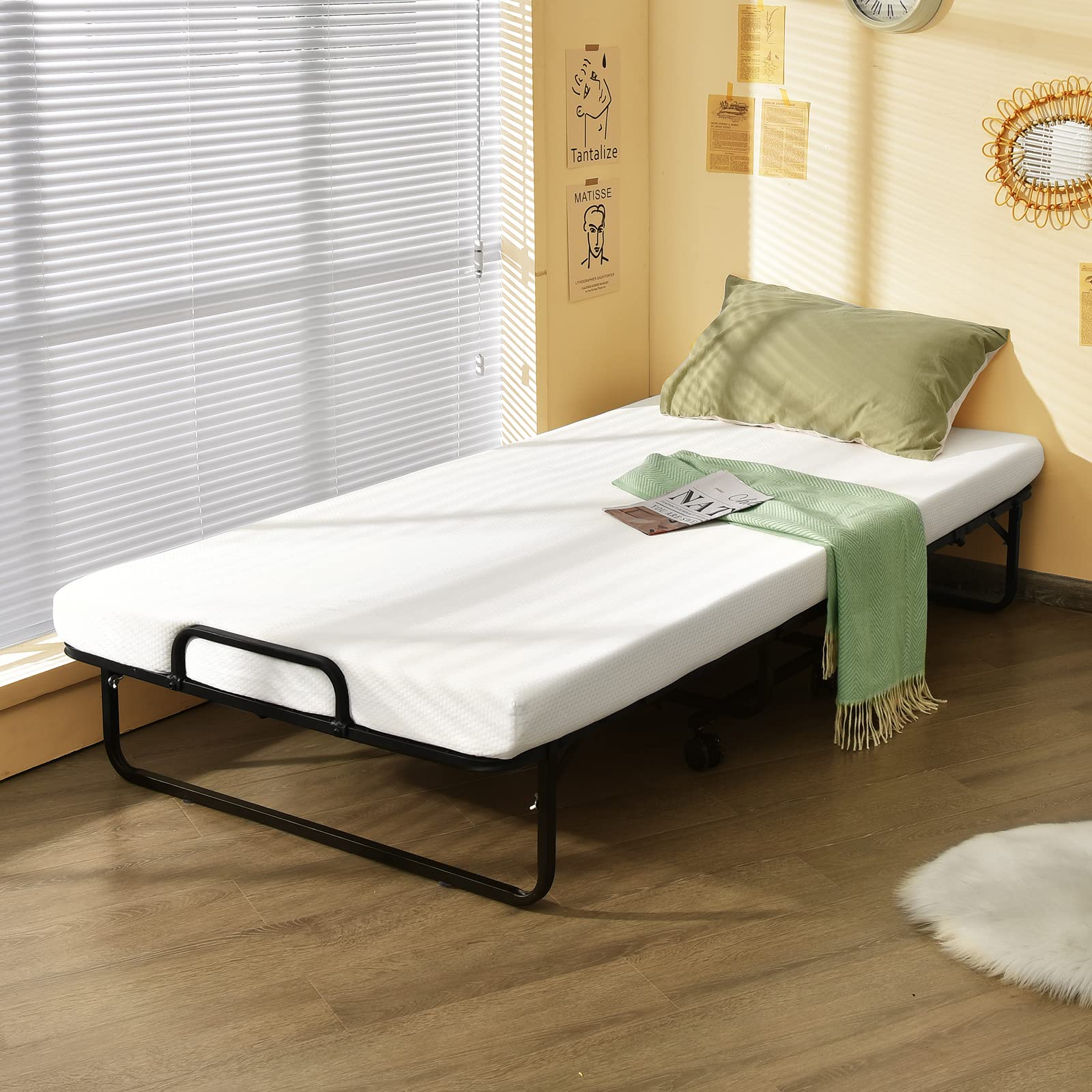 GORELAX Folding Bed with Mattress for Adults, Twin Size Small Portable Bed Set w/Metal Bed Frame & 4” Memory Foam Mattress, Foldable Bed Sleeping Cot Bed on Lockable Wheels, Rollaway Guest Bed