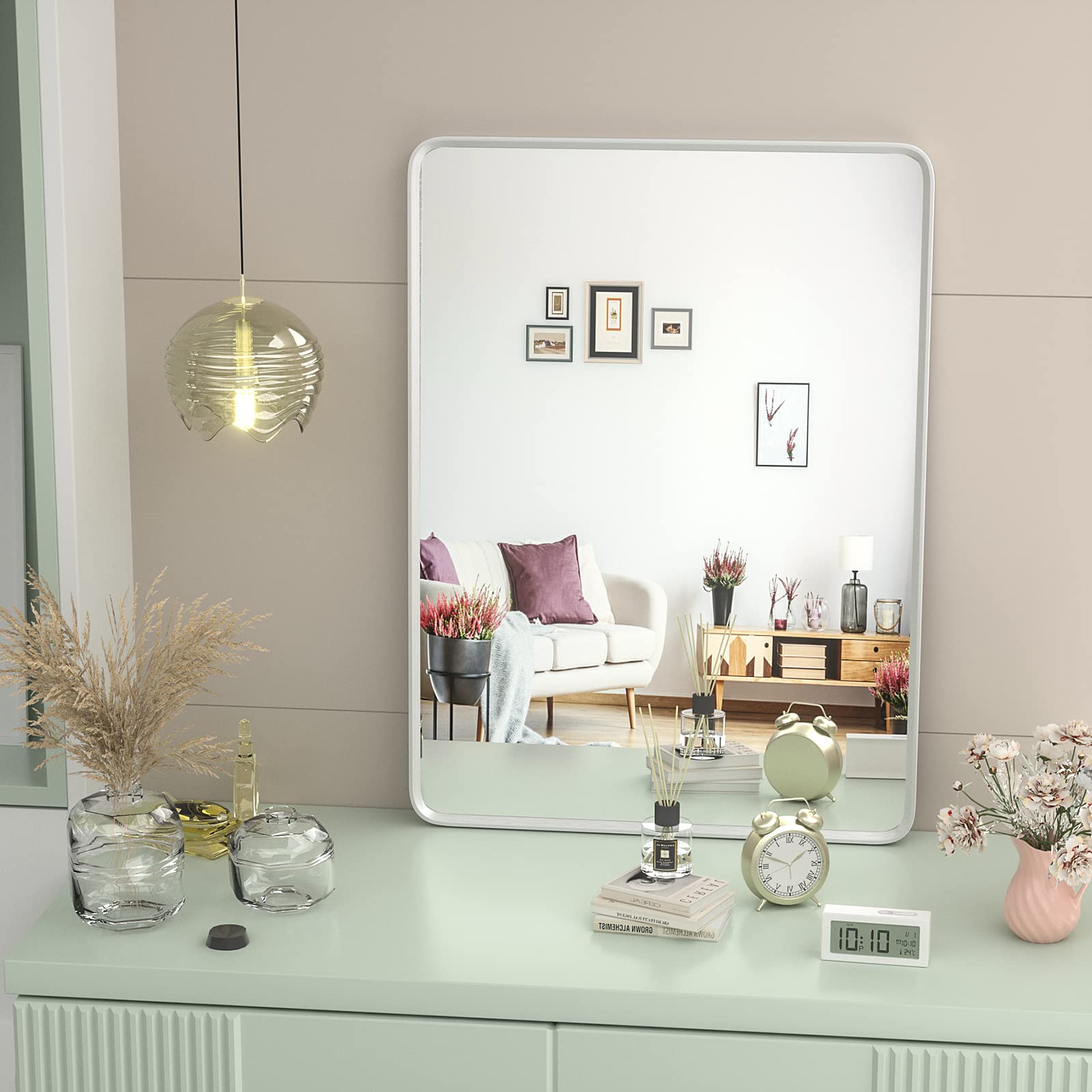 GOLOMO 20x30 Inch Silver Framed Mirror, Silver Bathroom Vanity Mirror for Wall, Brushed Nickel, Rounded Rectangle Mirror, Shatterproof, Anti-Rust (Horizontal/Vertical)