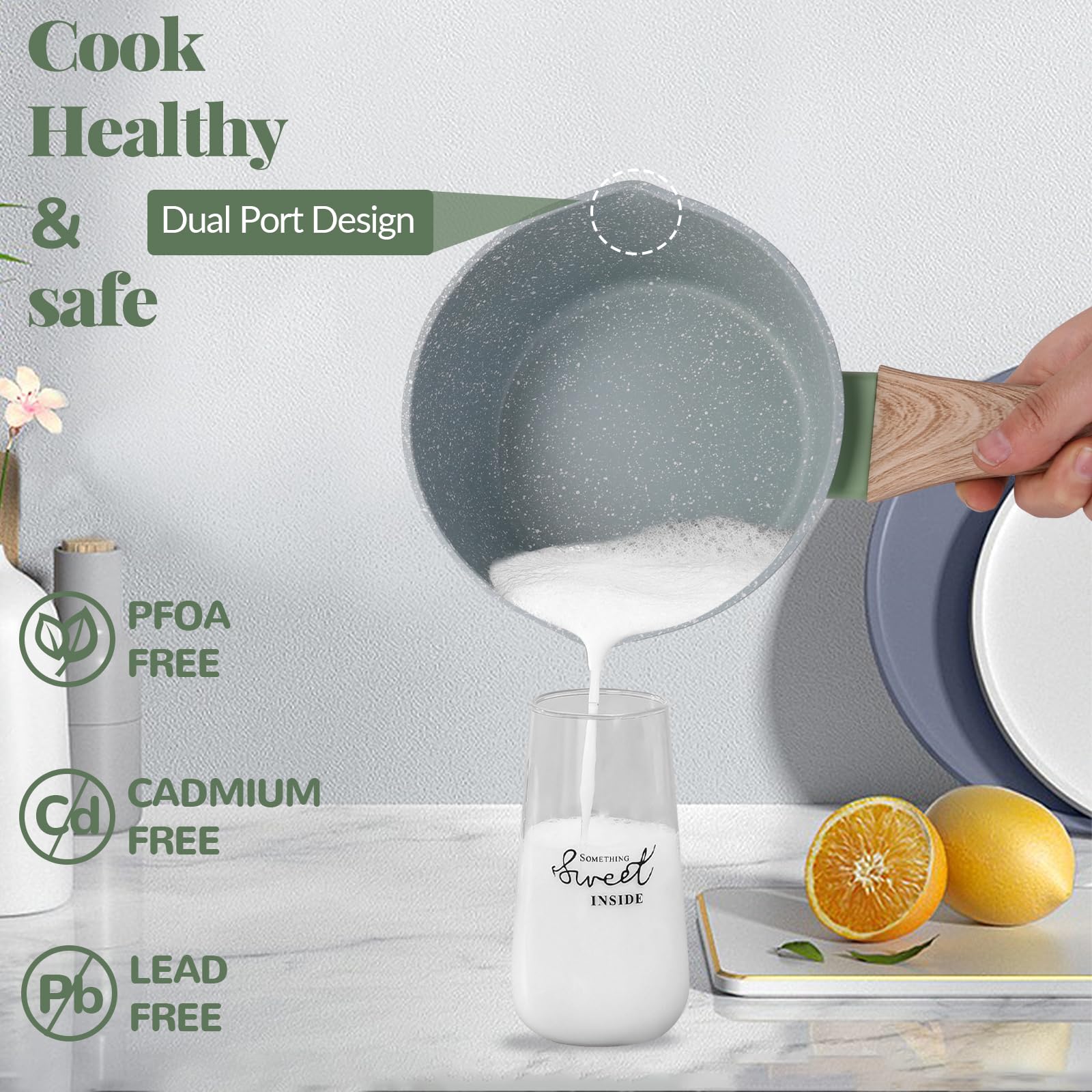 INNERWELL Nonstick Sauce Pan with lid, 2.5QT,Small Saucepan with Steamer, Wooden cooling handle,Induction Compatible, PFOA/PFAS free,(Green)