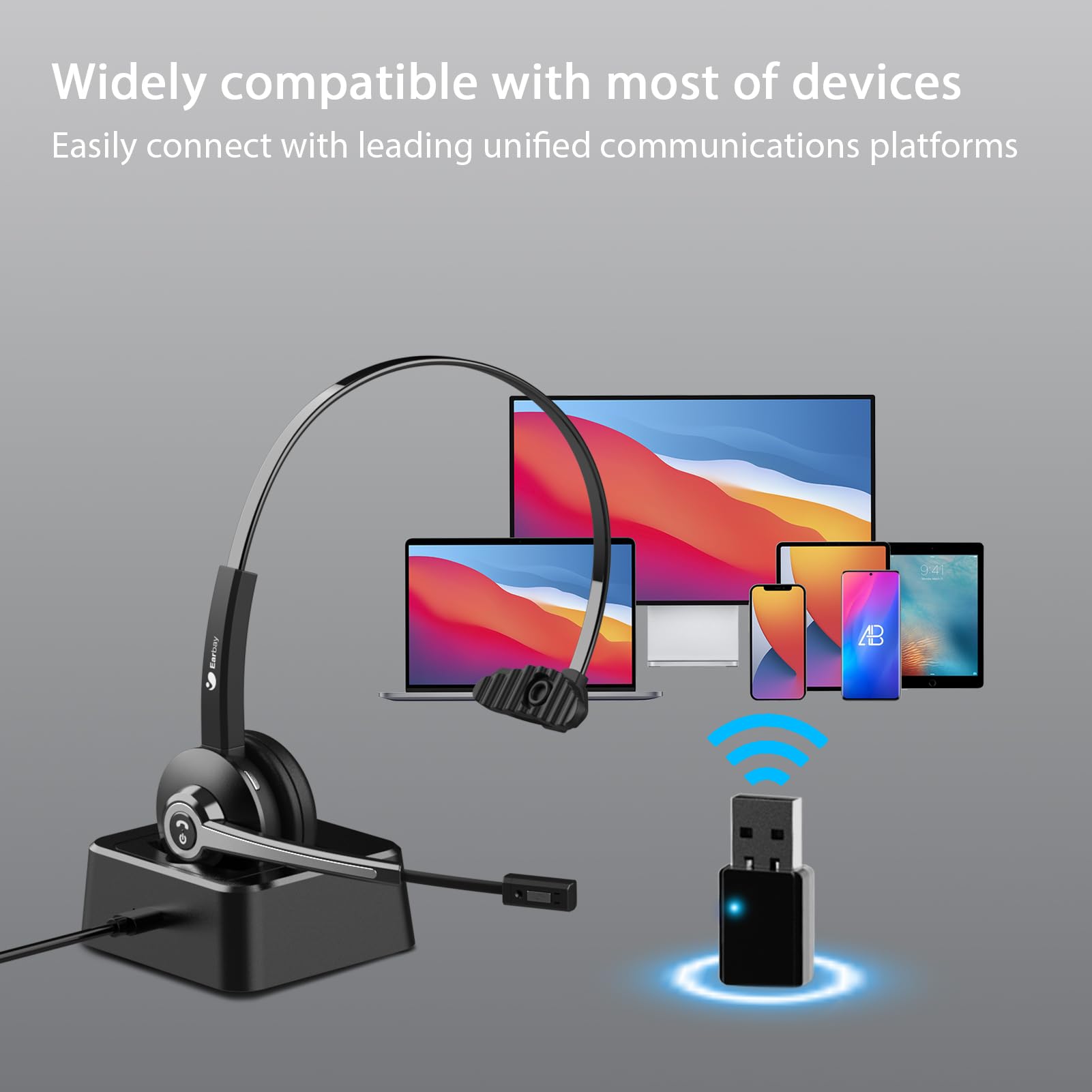Earbay Wireless Headset, Bluetooth Headset with Microphone Noise Cancelling & Mute, Wireless Headphones with 28h Talk Time for Work,White Computer Headset for Office Skype Zoom Call Center