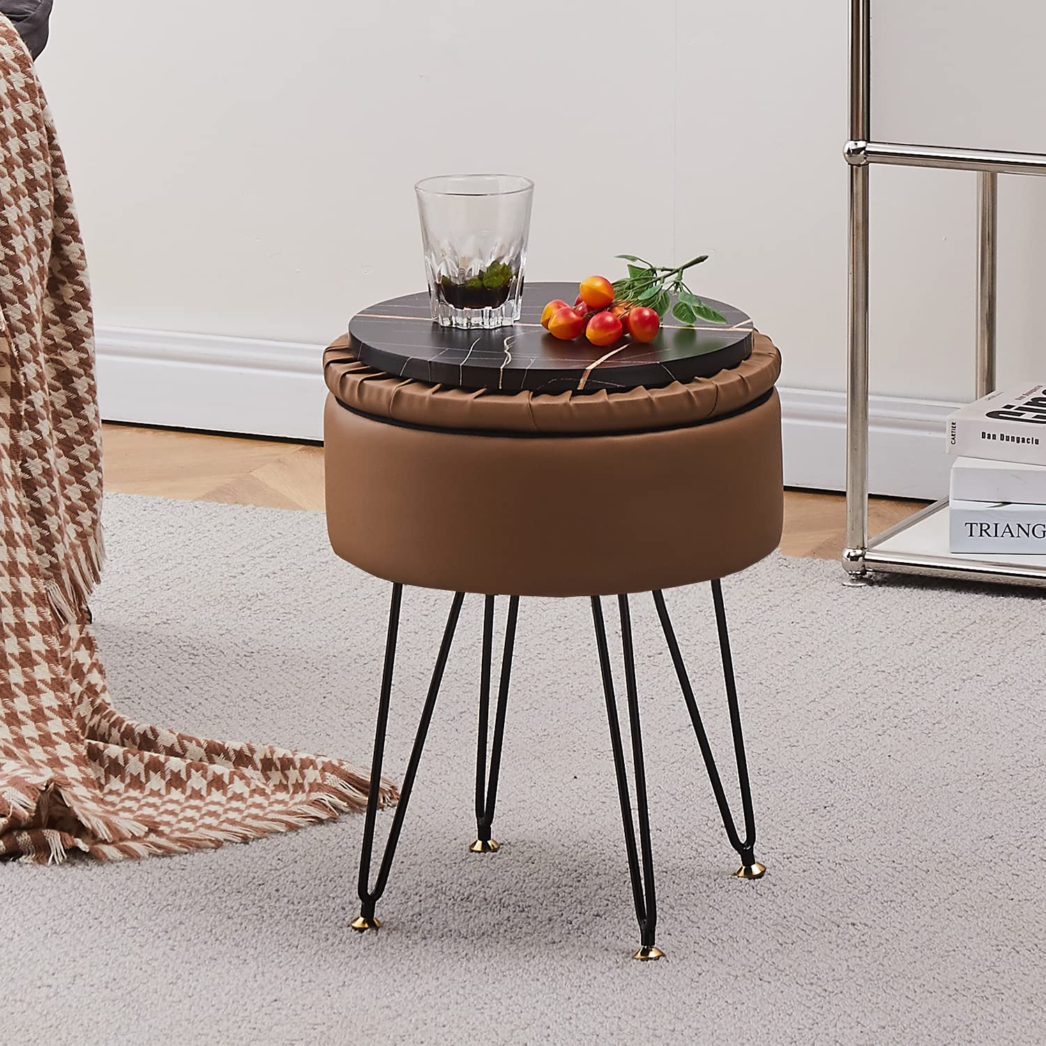 Cpintltr Modern Faux Leather Foot Rest Stool Upholstered Round Storage Ottomans Multipurpose Dressing Stools Luxury Home Decor Ottoman Coffee Table Top Cover Footstool for Couch Entryway Brown