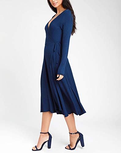 R.Vivimos Women Spring Autumn Long Sleeve Sweater Knitted Slim Elastic V Neck Sexy Midi Wrap Dresses (Large, Navy Blue)