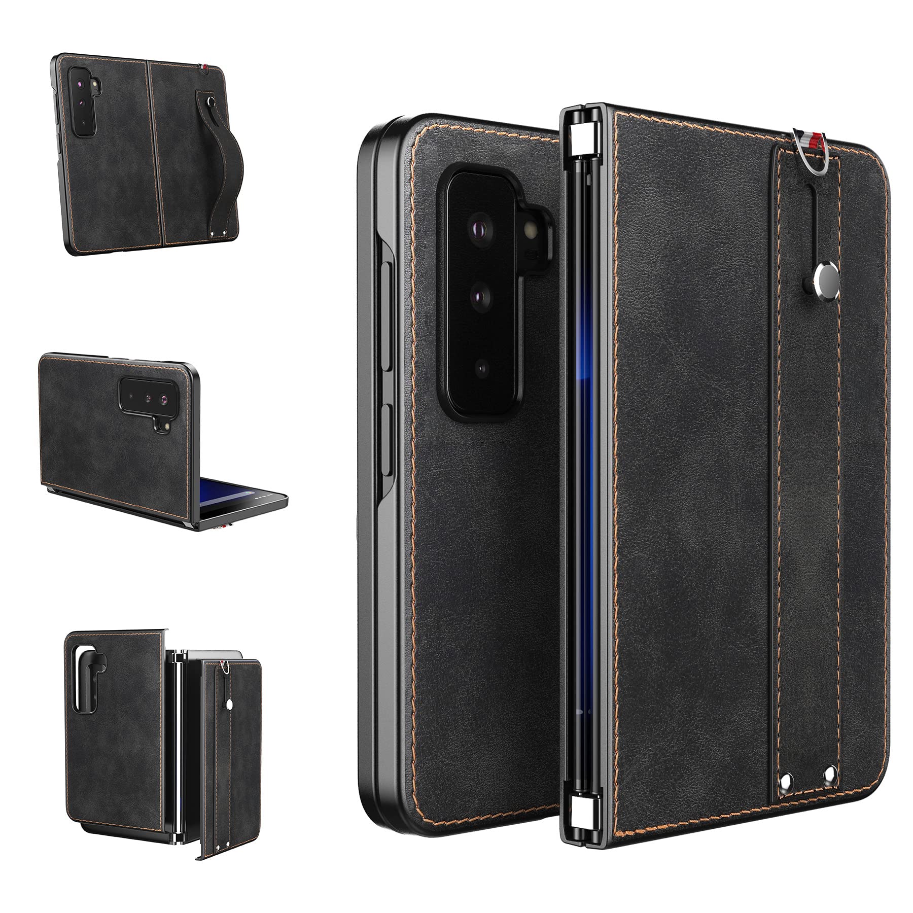 Foluu for Microsoft Surface Duo 2 Case, Surface Duo 2 Leather Case with Hand Strap, [Slim & Lightweight] PU Leather Back Cover Hard PC Holder Protective Phone Case for Microsoft Surface Duo 2 (Black)