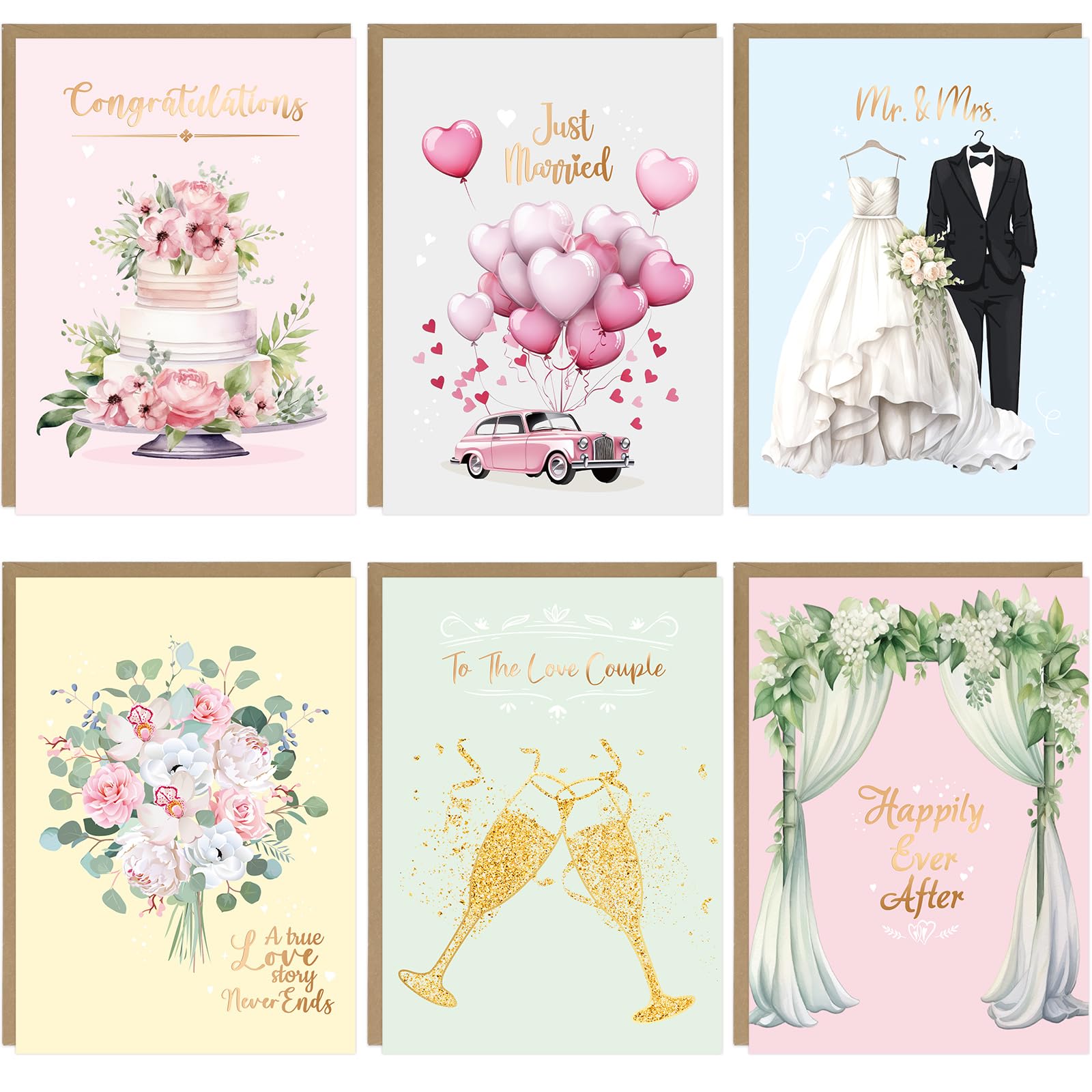 Fancy Land Wedding Cards for the Bride and Groom Gold Foil Engagement Congratulation Notes Card with Envelopes and Stickers for Bridal Shower Wedding Ceremony Party Supplies 24 Pcs