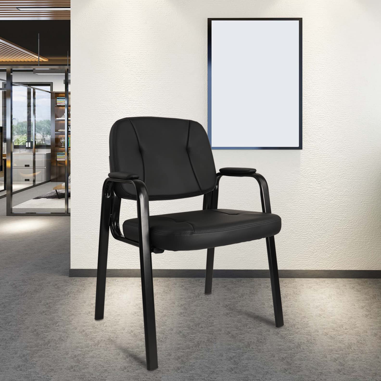 CLATINA Office Reception Guest Chair with Bonded Leather Padded Arm Rest Modern Style for Waiting Conference Room Black 1 Pack
