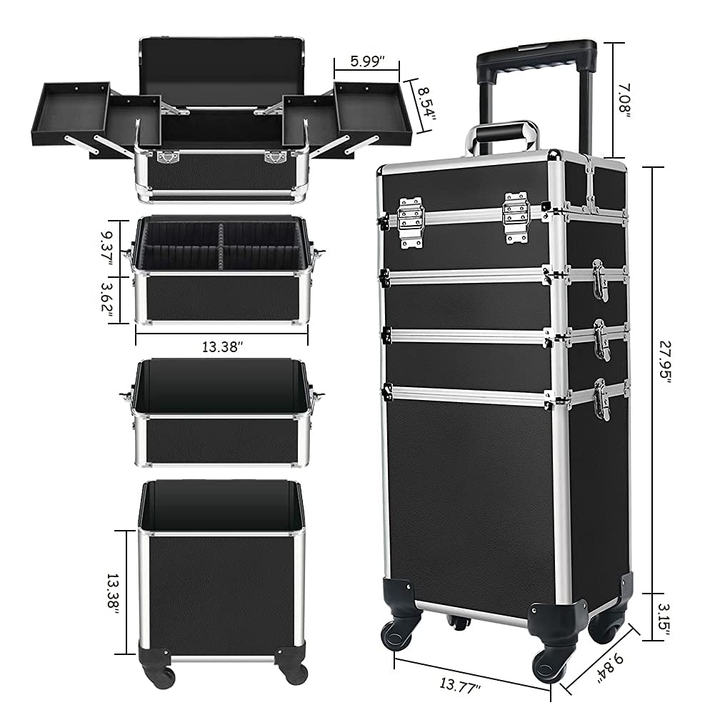 Cosmetic Rolling Makeup Train Case 4 in 1, Make Up Box Travelling Professional, Cosmetology Case on Wheels Pink Black Silver for Cosmetic, Hairstylist, Nail Technician, Tattoo