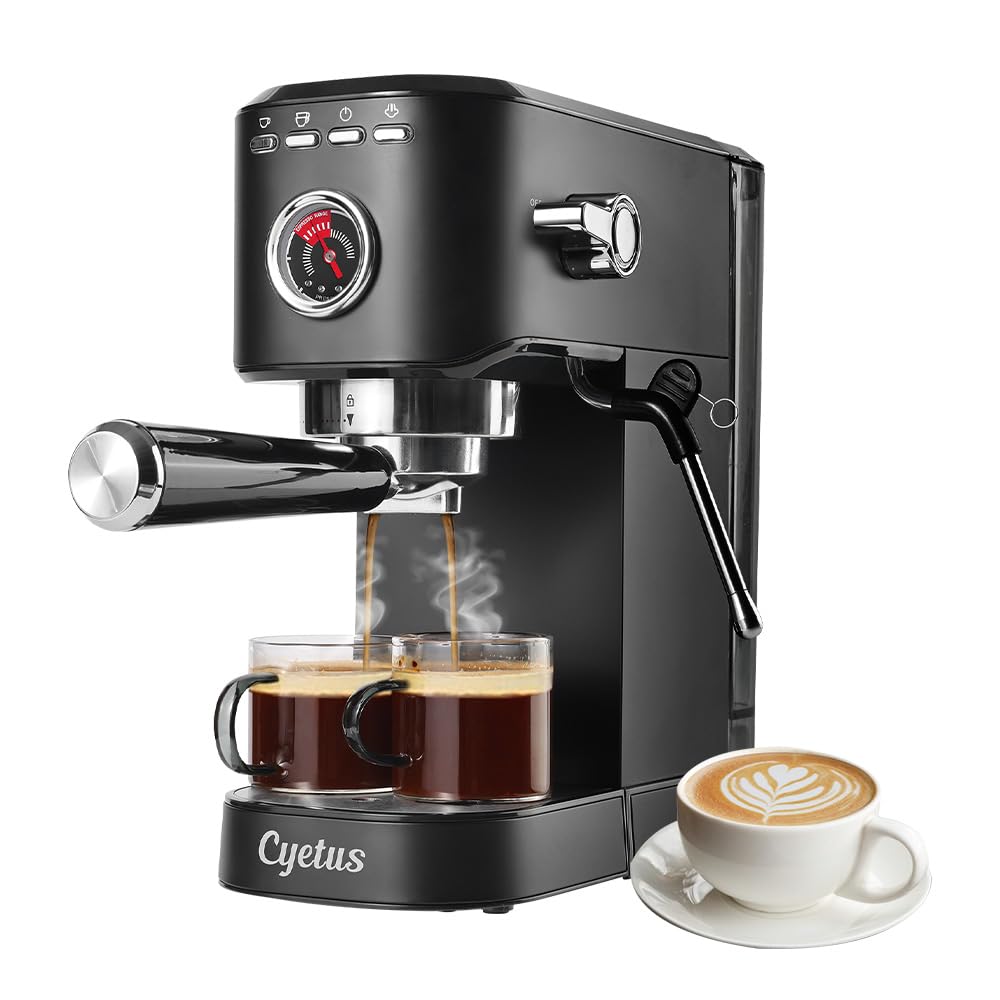 CYETUS Espresso Machine 20 Bar with Milk Frother Steam Wand, Compact Small Coffee Machine for Home, Pressure Gauge, Barista Espresso Maker Latte Cappuccino, Stainless Steel, Black