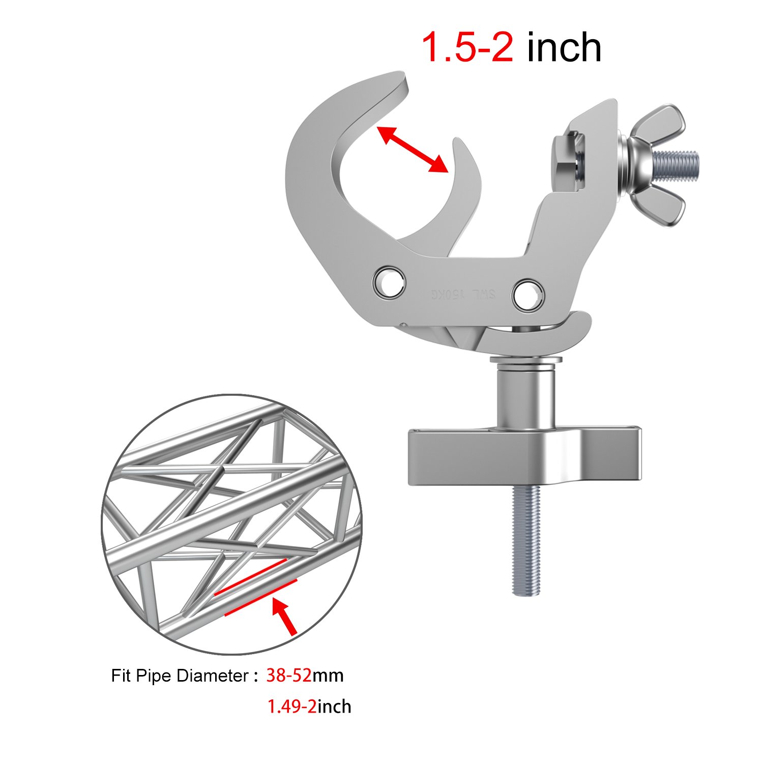 MFL. Heavy Duty Truss Clamp, 330 lb Aluminum Alloy DJ Light Clamps, Fits 1.5-2.0 Inch Truss for Stage Lighting Projector Par Lights, TUV Certificated ID: 50393001, Silver, Pack of 4