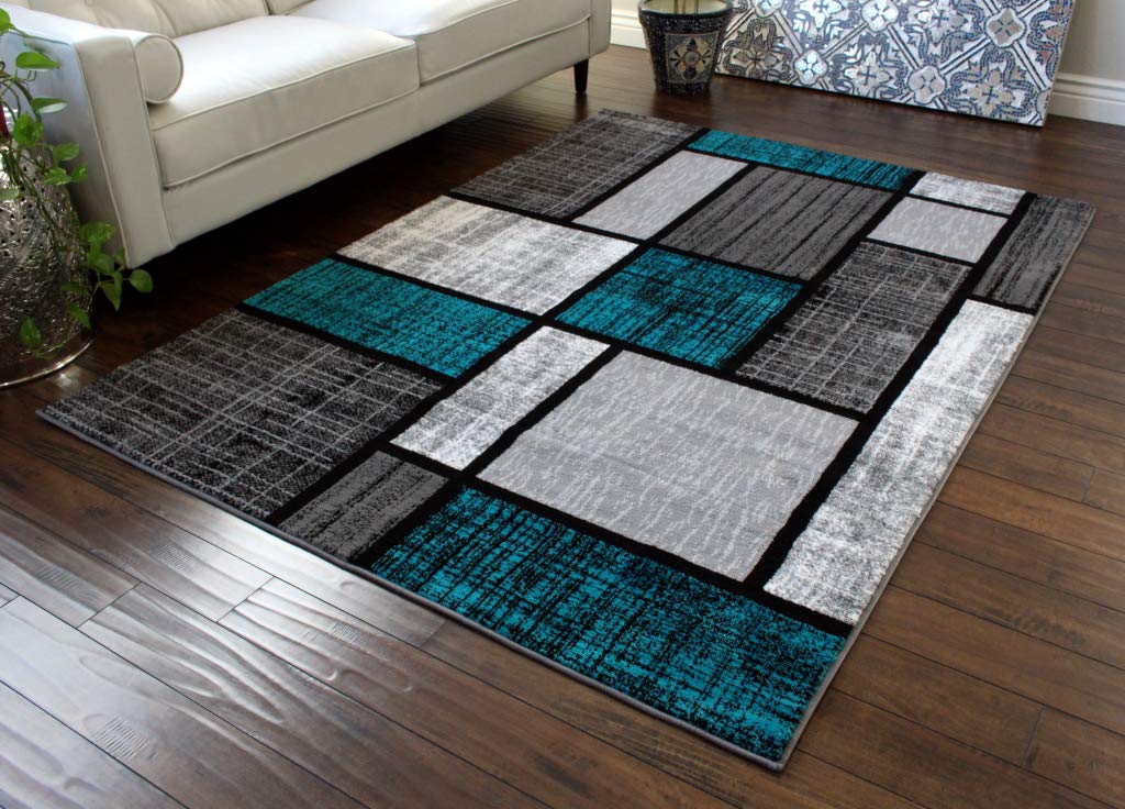 Masada Rugs, Stephanie Collection Area Rug Modern Contemporary Design 1110 Turquoise Grey White Black (5 Feet 3 Inch X 7 Feet 3 Inch)