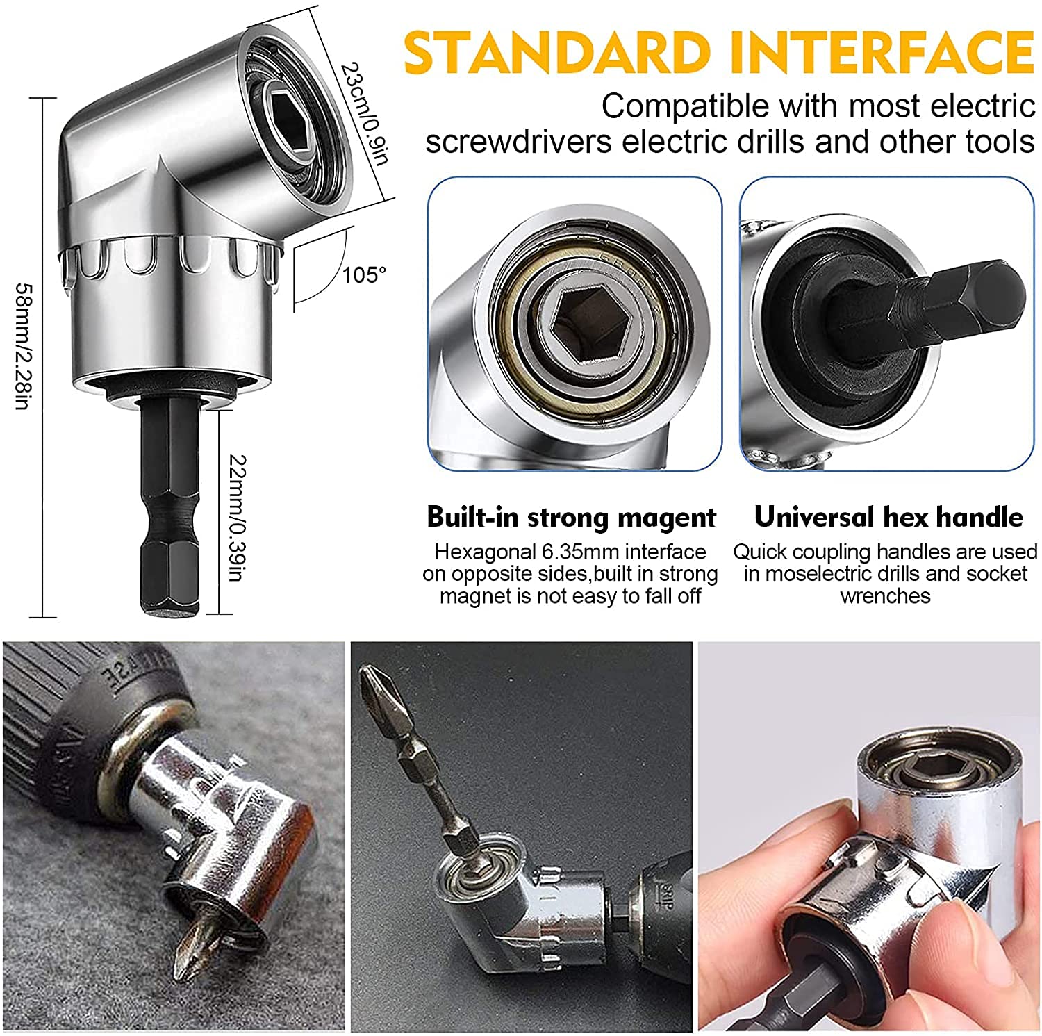 Flexible Drill Bit Extension Set, 105° Right Angle Drill Attachment, 1/4 3/8 1/2" Hex Shank Impact Driver Socket Adapter Rotatable Socket, Bendable Drill Bit Extension and Screwdriver Bit Kit