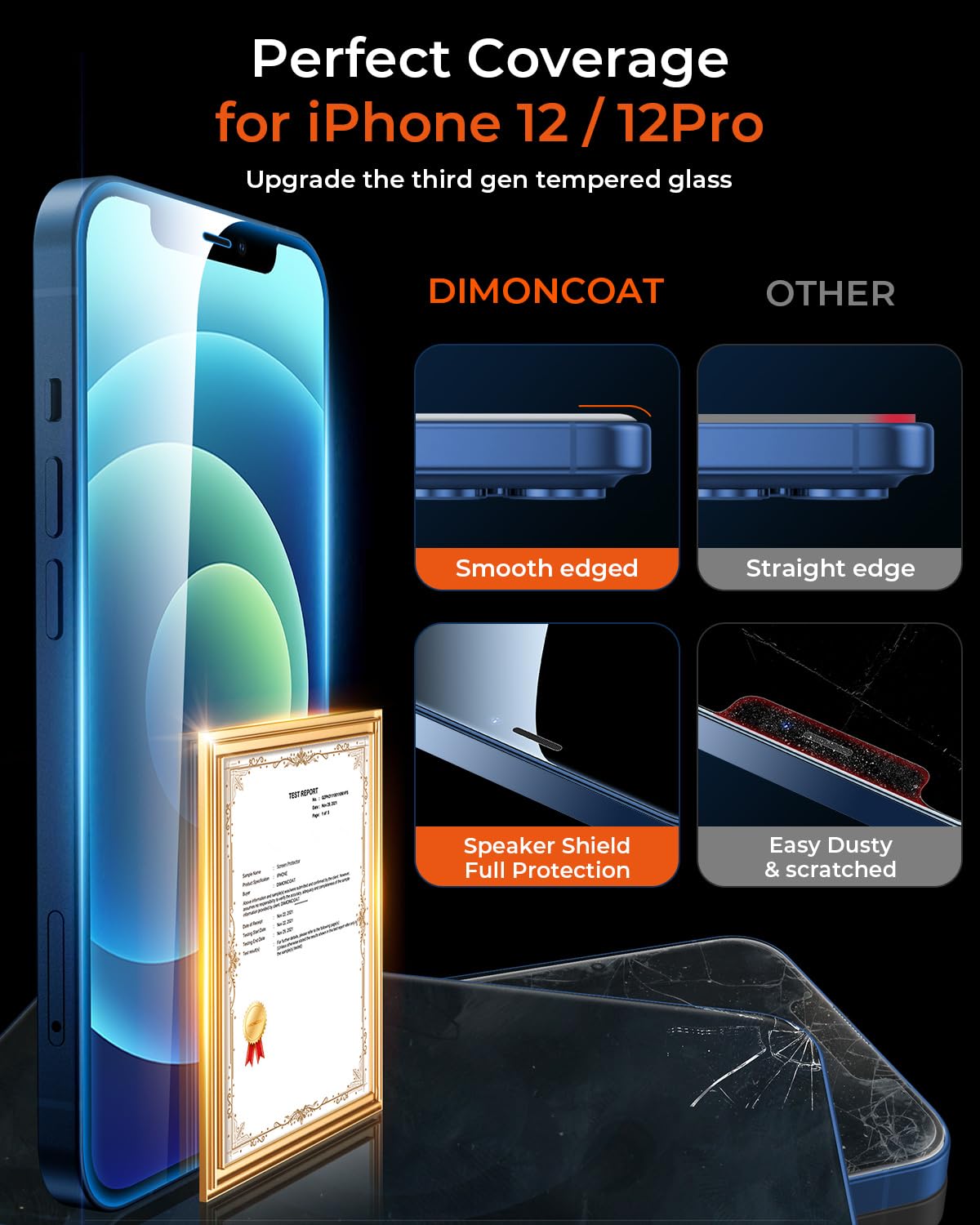 DIMONCOAT 4-PACK Screen Protector Compatible with iPhone 12/ iPhone 12 Pro [Auto Alignment Kit] [10X Military Protection] for 12/12 Pro 6.1'' HD Diamonds Hard Tempered Glass Zero Bubble