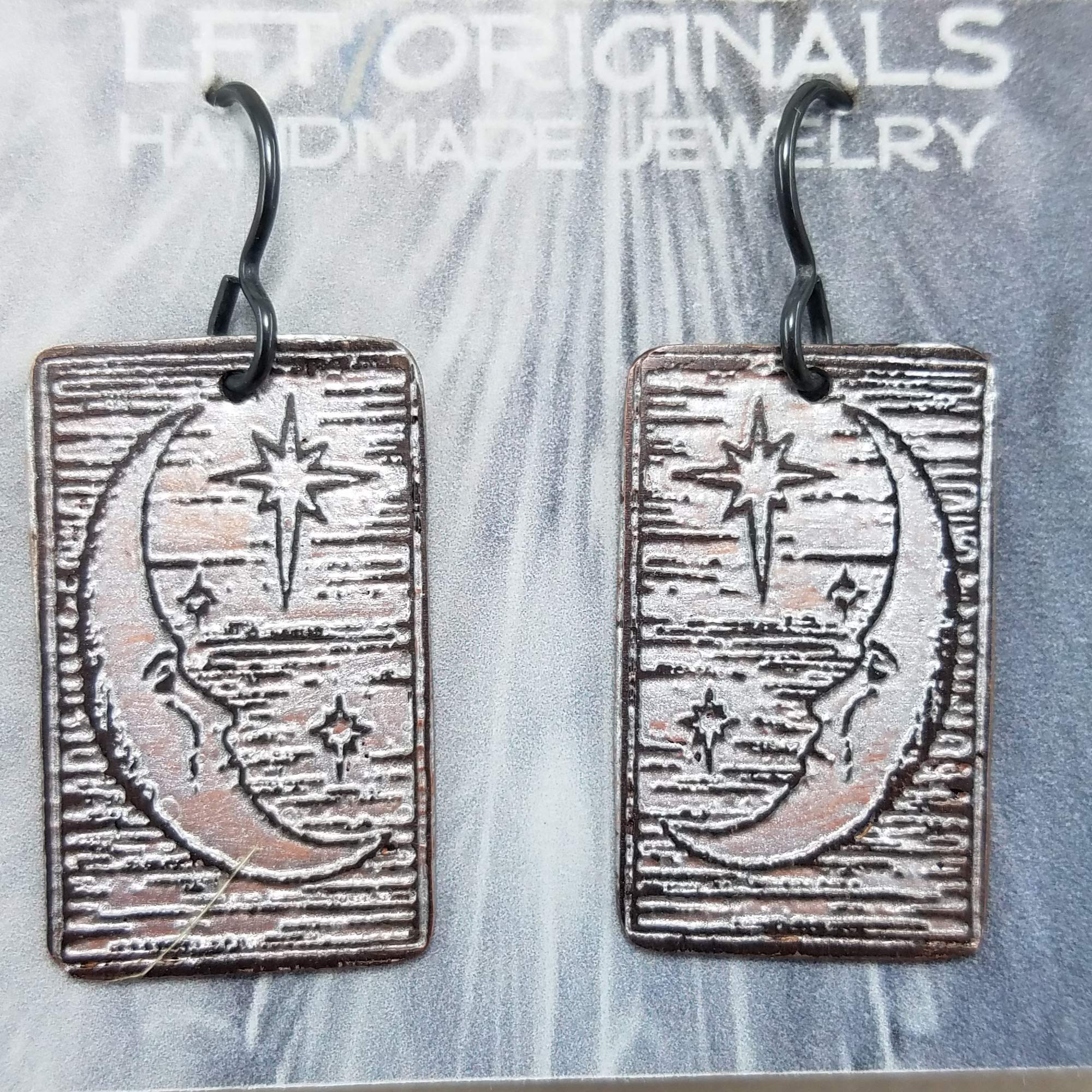 Celestial Moon Earrings Moon Beam Earrings Tarot Card Moon Earrings Silver Moon Earrings Etched Recycled Copper