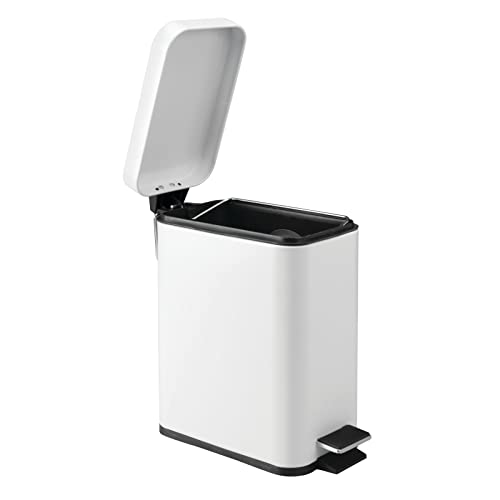 mDesign Small Modern 1.3 Gallon Rectangle Metal Lidded Step Trash Can, Compact Garbage Bin with Removable Liner Bucket and Handle for Bathroom, Kitchen, Craft Room, Office, Garage - White