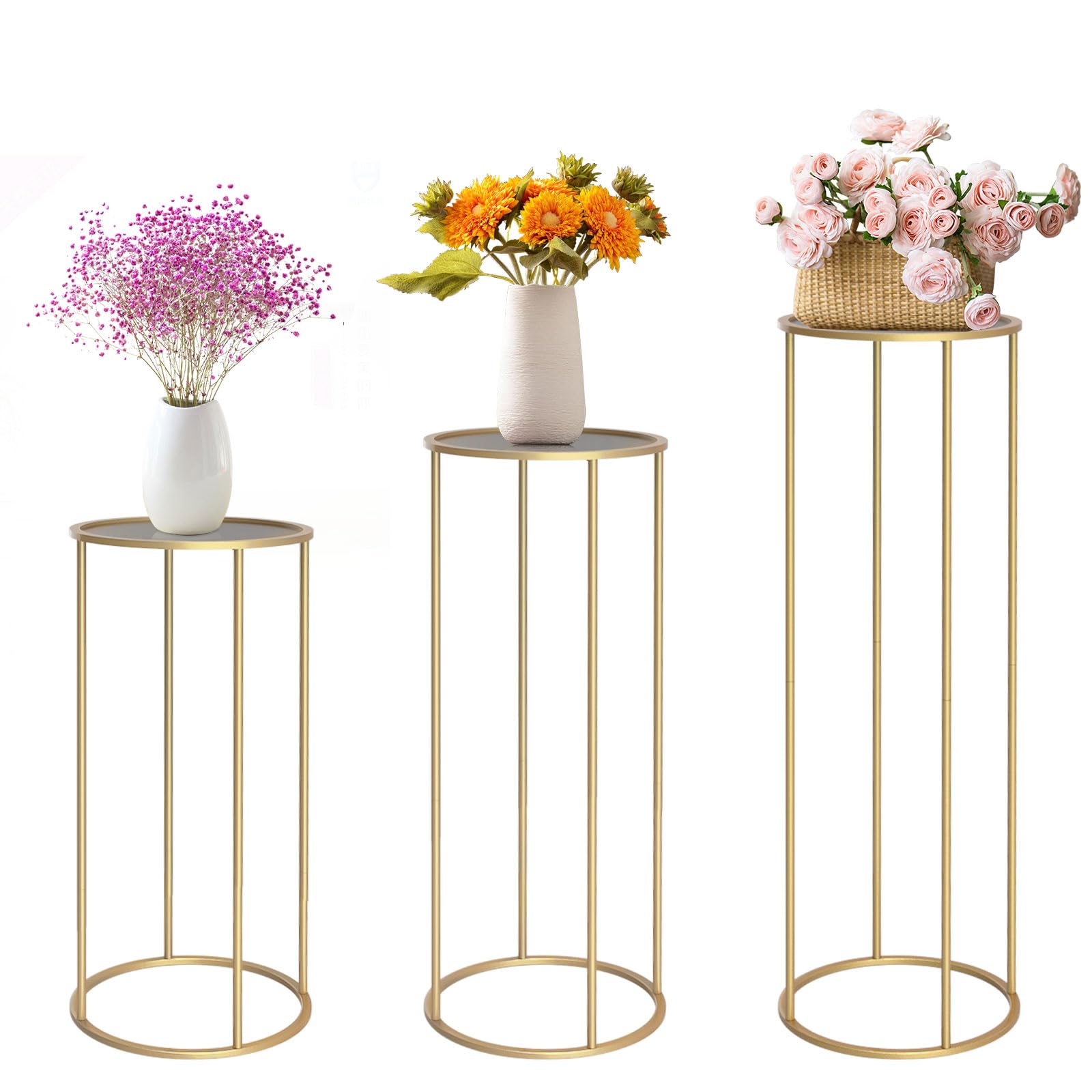 chamvis Gold Metal Plant Stand, 3 Pcs Tall Cylinder Pedestal Stands for Parties and Weddings, Gold Round Cylinder Tables for Living Room and Patio Decor