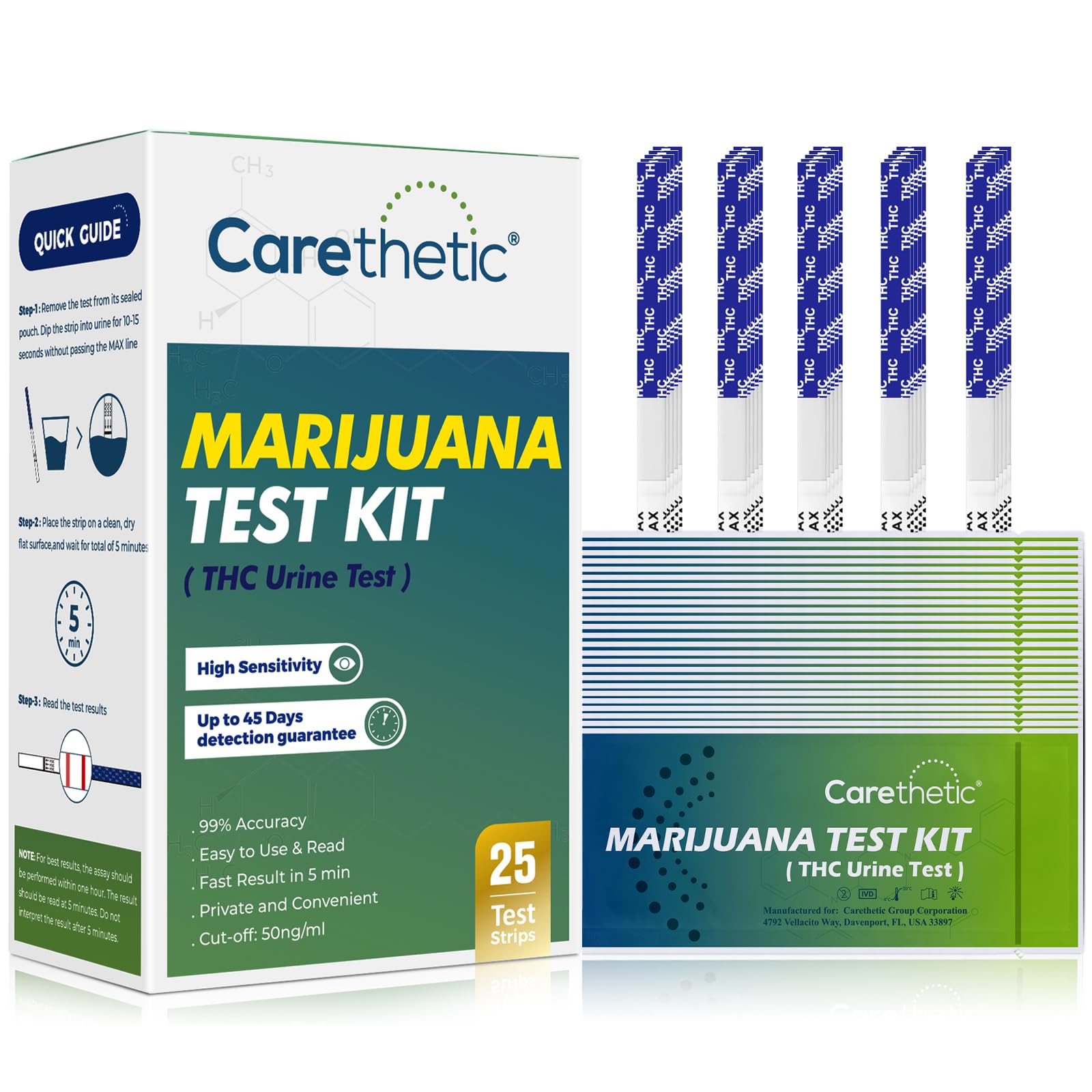 Carethetic THC Test Strips for Marijuana - Highly Sensitive Drug Test Kit Marijuana - Easy and Accurate at home Marijuana Drug Test Urine - Instant THC Drug Test Urine 25-Pack