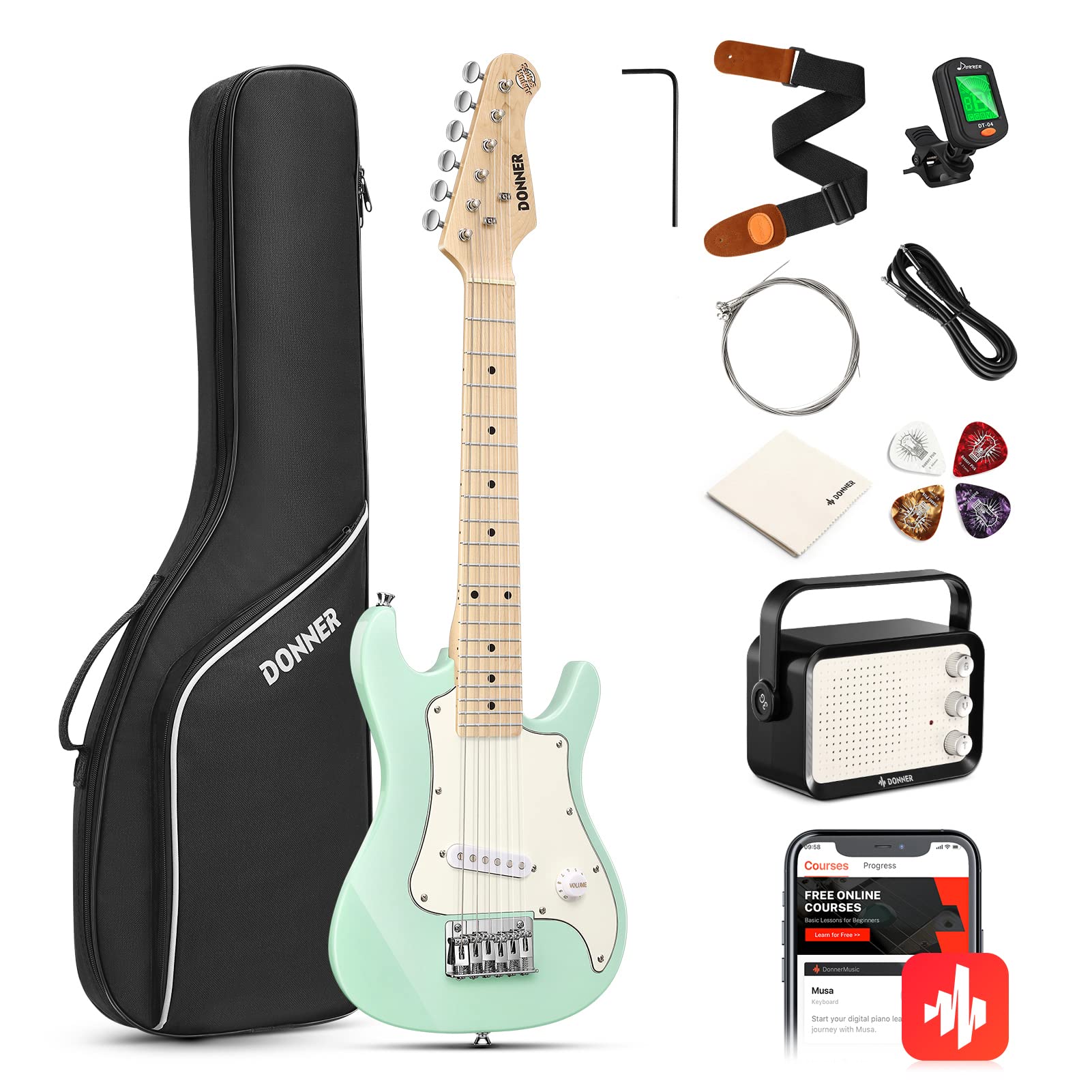 Donner 30 Inch Junior Electric Guitar Beginner Kit ST Style Mini Size ST Electric Guitar Junior Starter & Donner Guitar Cable 10 ft, Electric Instrument Cable Bass Amp Cord for Electric Guitar Bass