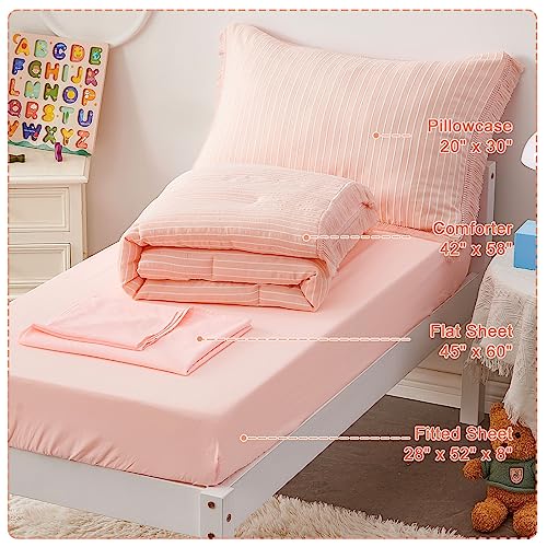 SUCHDECO Light Coral Toddler Bedding Set for Girls Pink Comforter Sets with Jacquard Stripes, Tassel Fringe 4 Pieces - Comforter, Fitted Sheet, Flat Sheet, Pillowcase