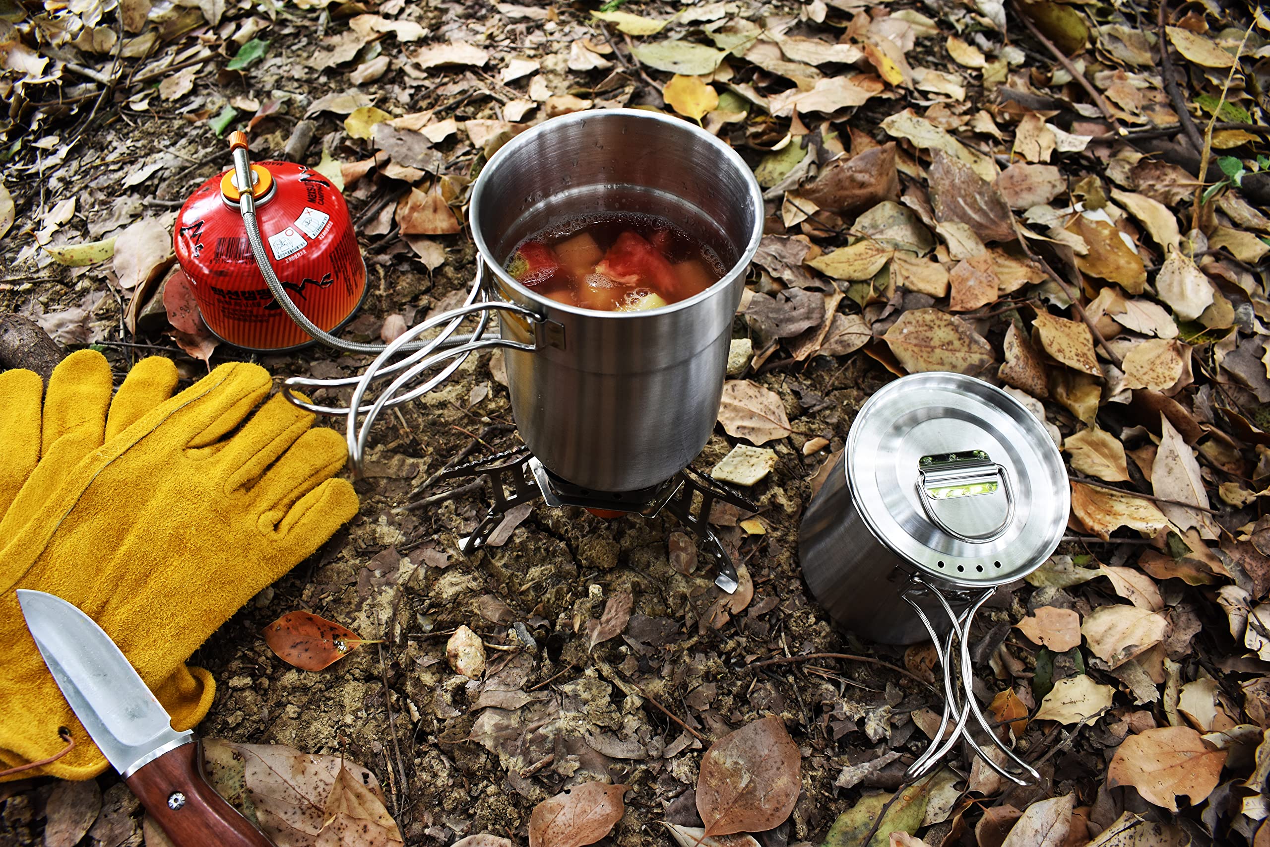DZRZVD Camping Cups and Mugs Pot 2Pcs-304 Food Grade Stainless Steel-Foldable Handle-Outdoor Cookware Set with Vented Lid & Spoon Fork-33oz Big+24oz Small for Backpacking Picnic Hiking Traveling