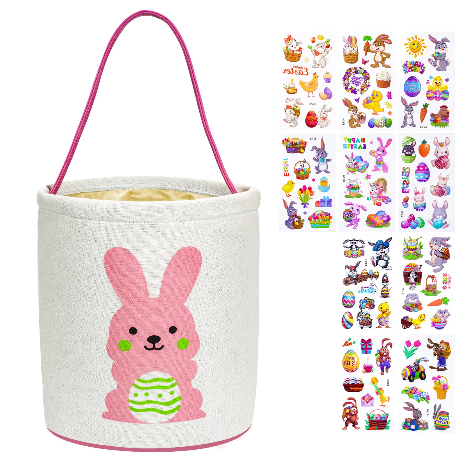 Easter Baskets for Kids, Easter Bunny Canvas Bags with 10Pcs Cute Tattoo Stickers for Easter Egg Toy Hunting, Reusable Candy Gifts Storage Baskets, Easter Decorations Party Supplies