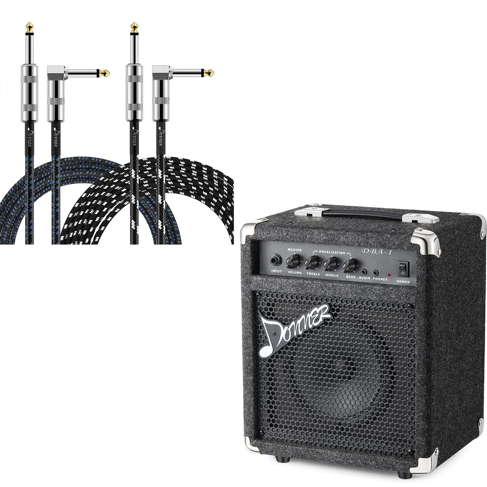 Donner Bass Amp 15W Bass Guitar Amplifier DBA-1 Electric Practice Bass Combo AMP & Donner Guitar Cable 10 ft 2 Pack