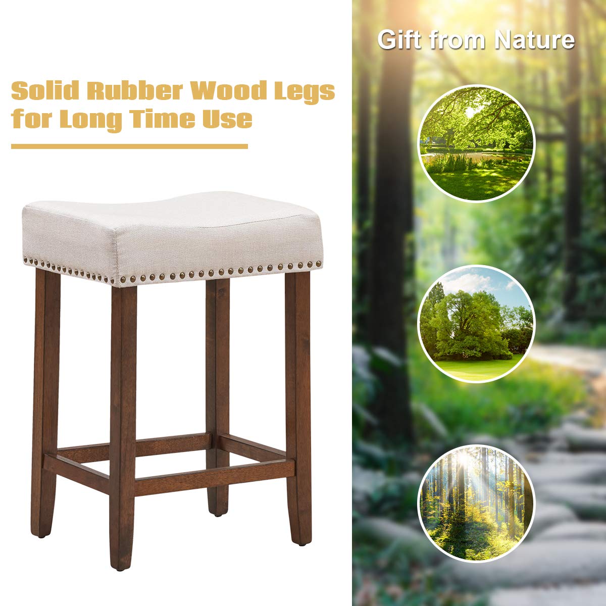COSTWAY Saddle Stools Set of 2, 29-inch Counter Height Backless Stools with Brass Nailhead Trim, Solid Wood Legs, Foot Rest, Max Load 264 Lbs, Upholstered Bar Chair for Kitchen Island Pub, Grey