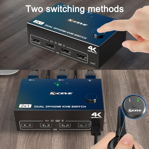 Dual Monitor KVM Switch HDMI+Displayport 4K@60Hz,2K@120Hz MLEEDA HDMI DP Extended Display Switcher for 2 Computers Share 2 Monitors and 4 USB 2.0 Ports,Wired Remote and 4 Cables Included