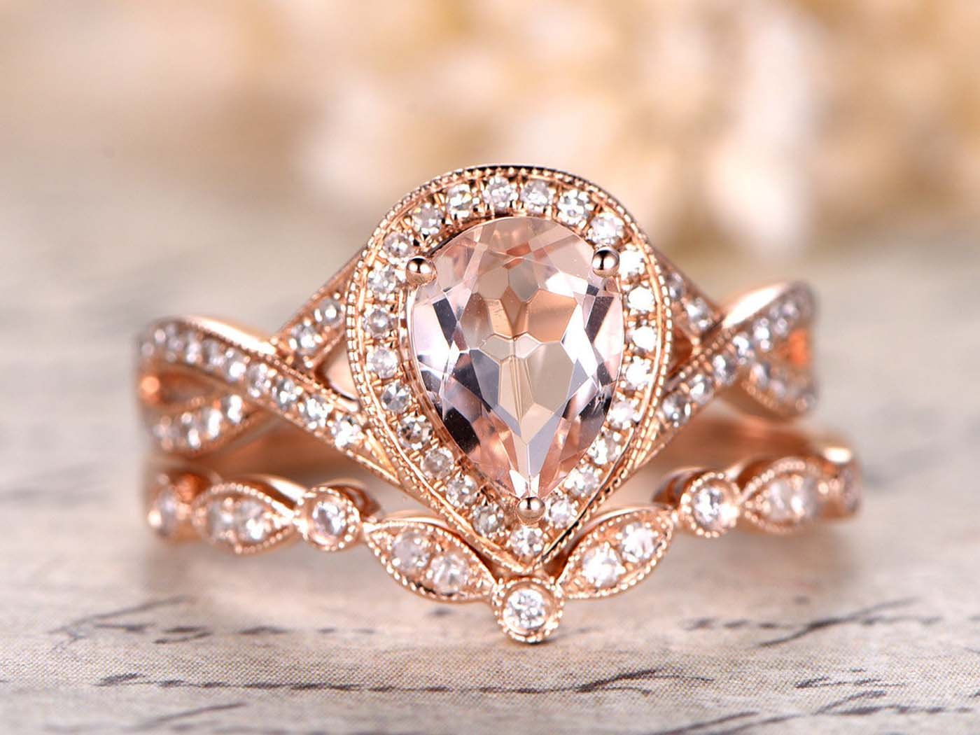 Dabangjewels Best 6x8mm Pear Cut Morganite & Diamond 18k Rose Gold Over .925 Sterling Silver Wedding Bridal Halo Ring Set