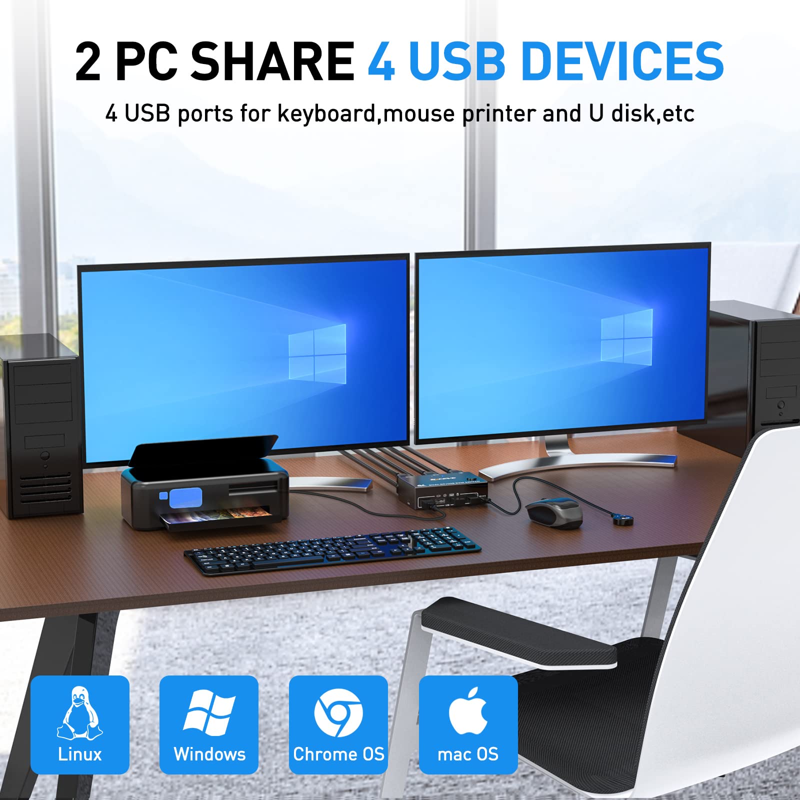 Dual Monitor KVM Switch DisplayPort 8K@30Hz 4K@144Hz 2 in 2 Out,DP KVM Switch and 4 USB Ports for 2 Computers,Backnward Compatible DP1.2 with DP+UBS Cables and Wired Controller