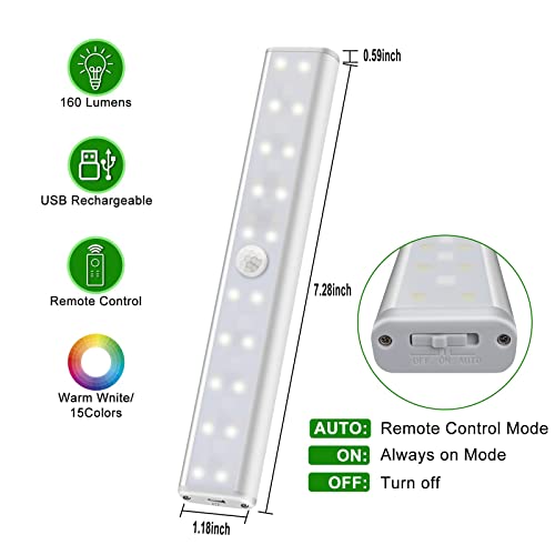 Diomart 48 LED Under Cabinet Lighting Wireless, 15 Colors Changeable Rechargeable RGB Under Cabinet Lights Remote Control Under Counter Lights Mini Night Light Bar for Indoor Display Shelf, 4 Pack