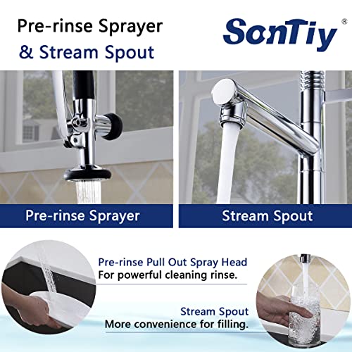 Commercial Kitchen Faucet with Pull Down Sprayer and Soap Dispenser, Brass Single Handle High Arc Pre-Rinse Spring Pull Out Kitchen Sink Faucets with Dual Function Spray Head, Kitchen Tap for Sink, R