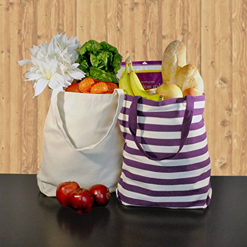 DII CAMZ33546 100% Cotton, Machine Washable Heavy Duty Canvas Reusable Shopping Tote Bag, Natural and Eggplant Damask, Set of 3