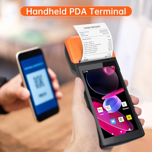 fangzi Android 13.0 POS Receipt Printer PDA Terminal Support 1D/2D Barcode Scanner 4G NFC Card Reading WiFi BT Communication with 5.5 Inch Touchscreen 58mm Width Thermal Label Printing