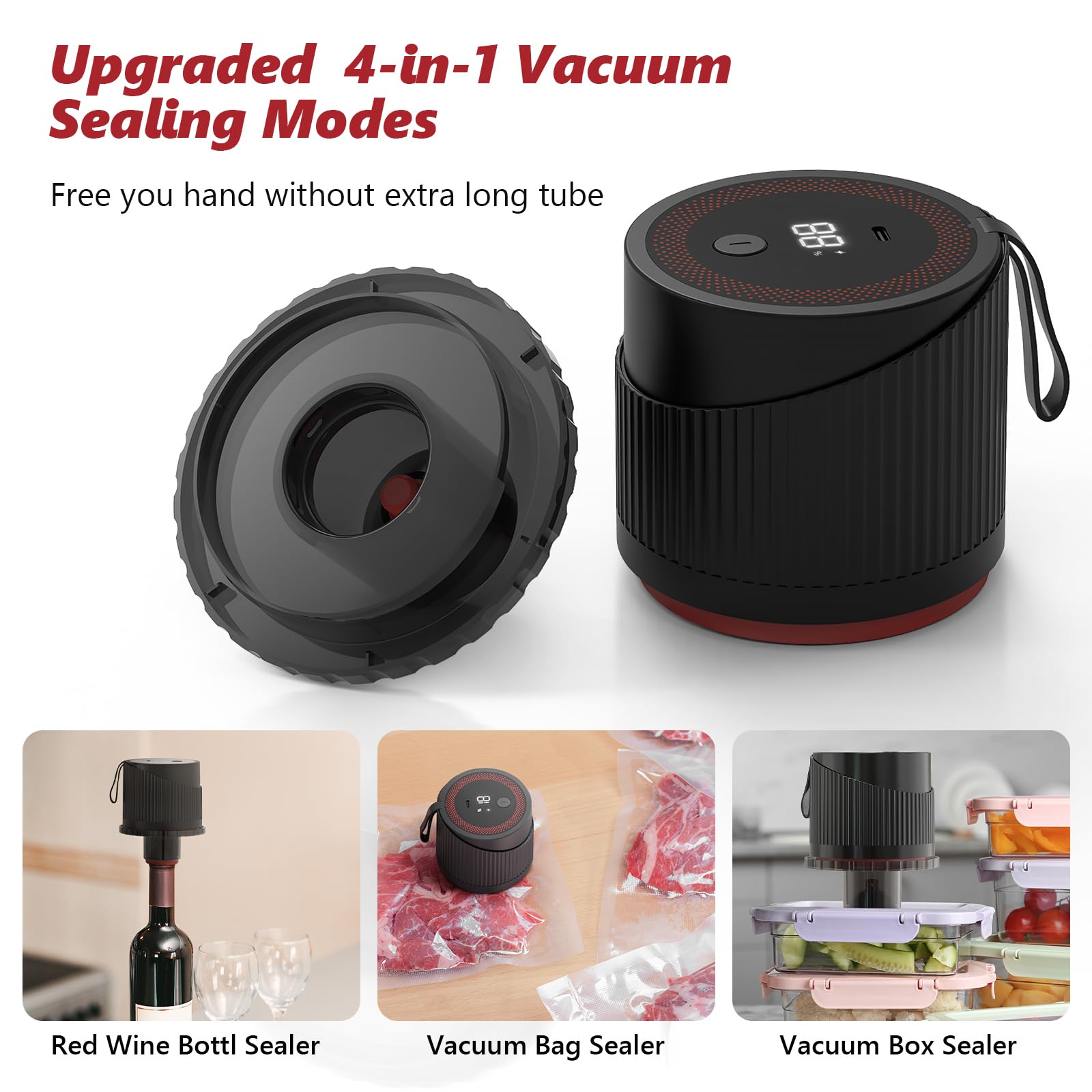 Electric Mason Jar Vacuum Sealer Kit, CooAoo 4 in 1 Jar Vacuum Sealer for Wide and Regular Mouth Mason Jars, Automatic Stop Vacuum Sealer for Jars Wine Bottle,Vacuum Bags Containers, Black