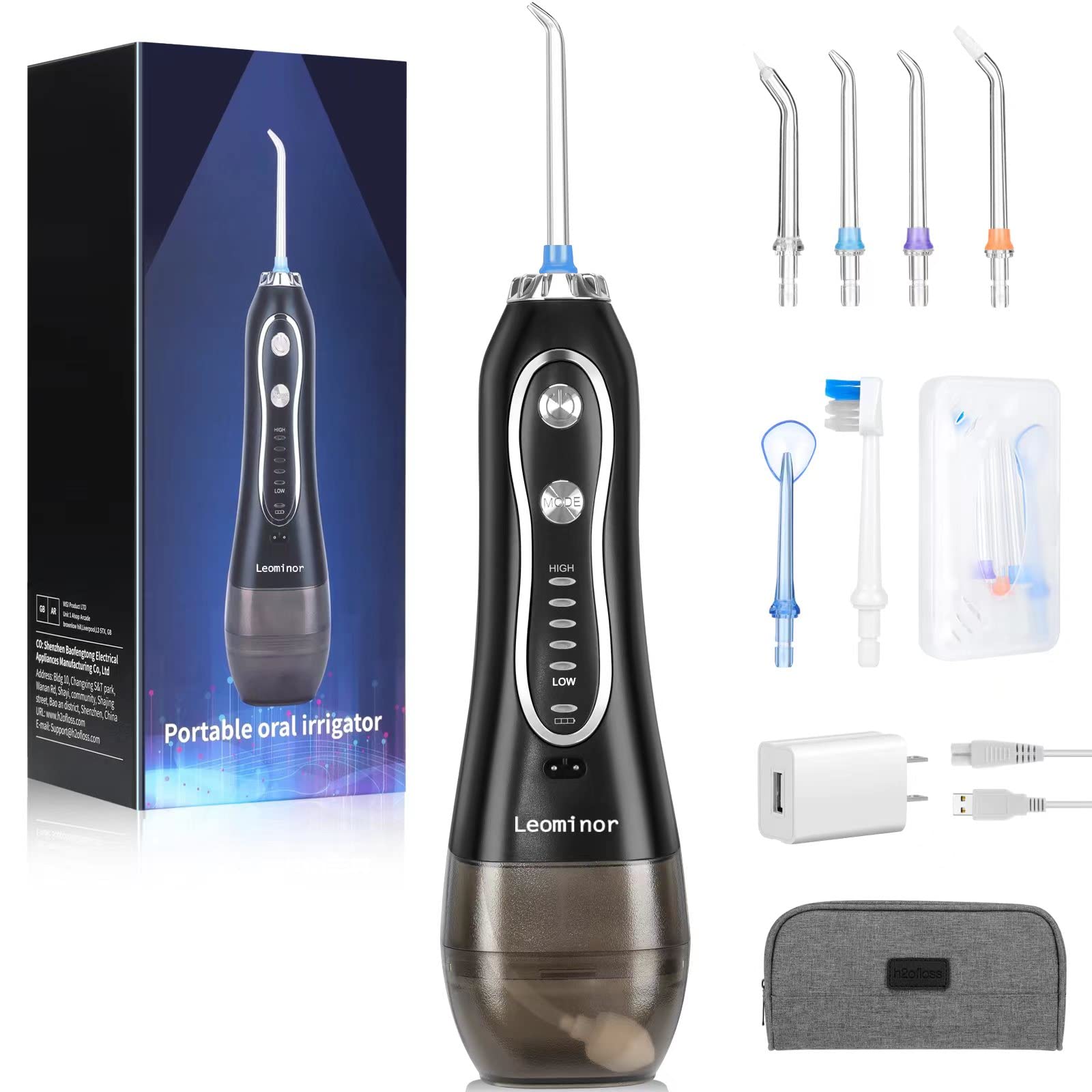 Leominor Water Flosser Cordless for Teeth, Portable and Rechargeable Dental Oral Irrigator,5 Modes & 6 Nozzles IPX7 Waterproof 300ML with Travel Bag Teeth Cleaner Picks for Home,Travel Black
