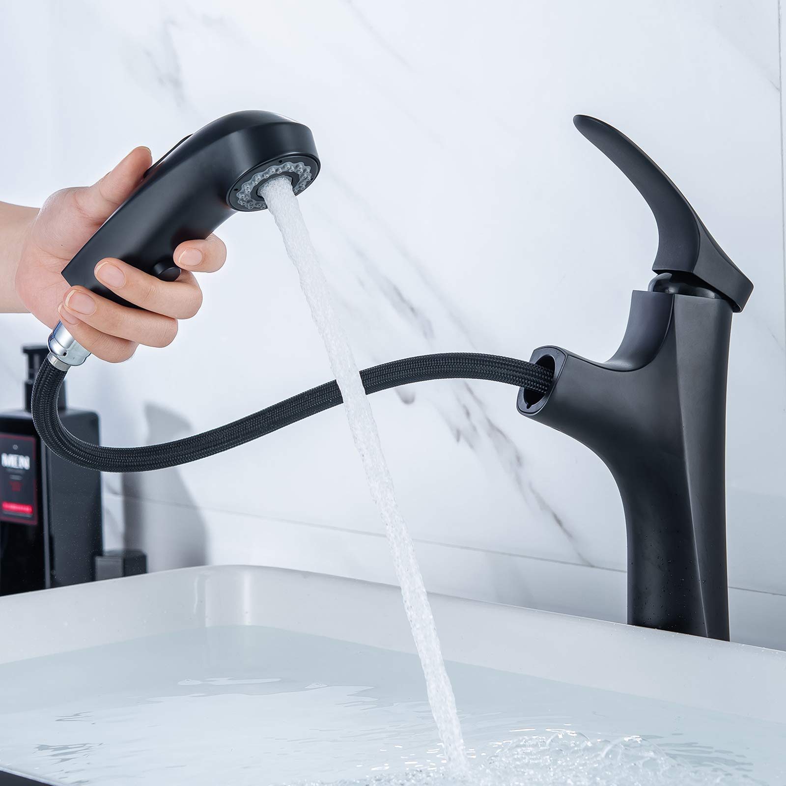 MIAOHUI Matte Black Vessel Sink Faucet, Pull Out Tall Bathroom Faucet, Single Hole Bathroom Sink Faucet with 3 Modes Pull Down Sprayer, One Handle Modern Vanity Faucet, Farmhouse Lavtory Faucet