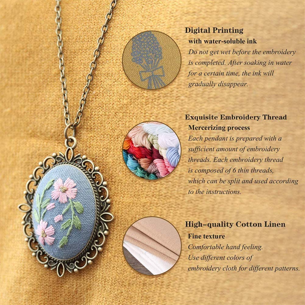CREATIVE HOBBIES Embroidery Pendant Kitt,Handmade Cross Stitch Kits, Embroidered Pendant Necklace Easy Embroidery Kit for Beginners Women Adults DIY Crafts