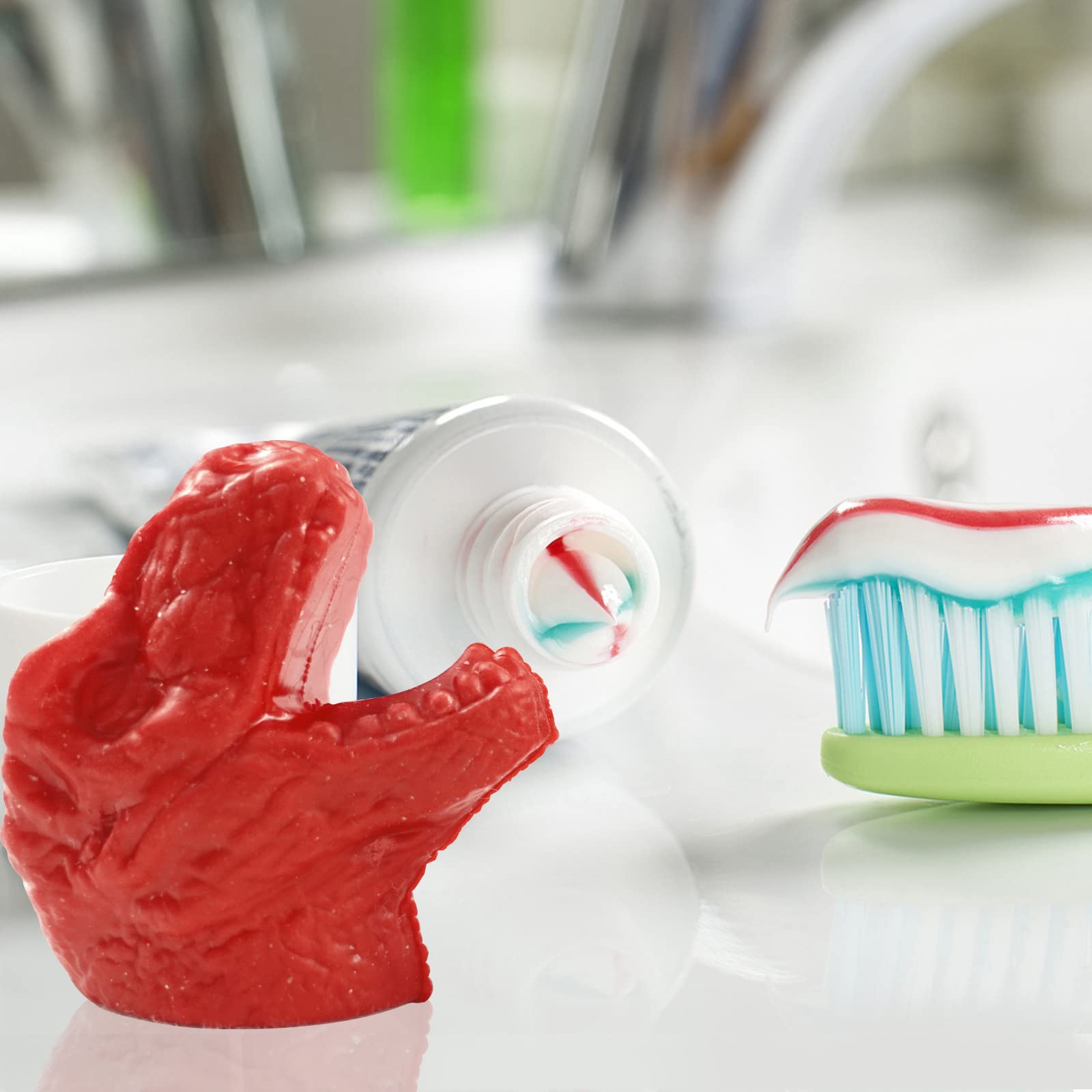 Dinosaur T-Rex Toothpaste Cap and Toothpaste Squeezer Dispenser, Funny Toothpaste Topper for Kids, Rolling Tube White