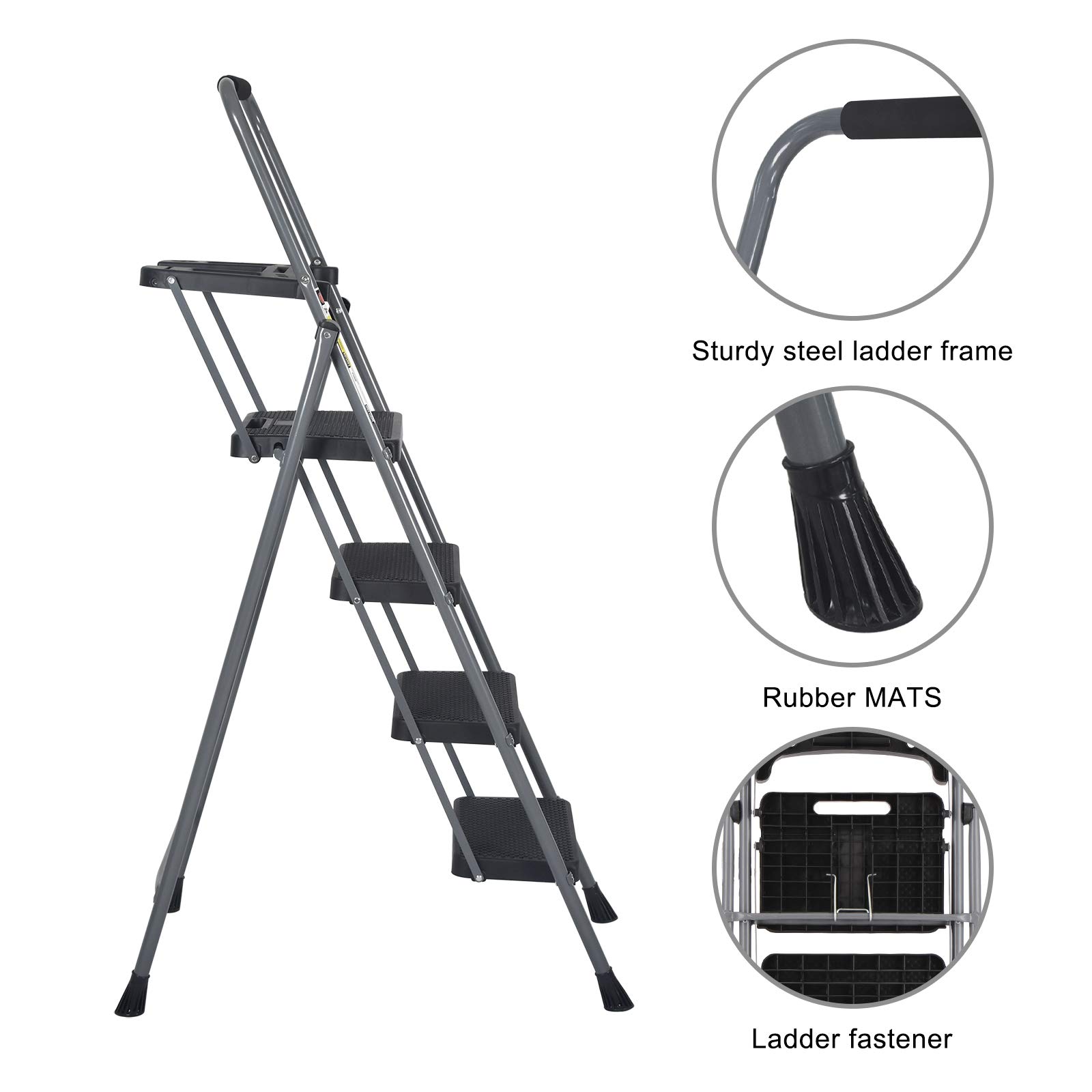 CharaVector 4 Step Ladder, Lightweight Folding Step Stool with Tool Platform and Convenient Handgrip Sturdy Wide Pedal for 330 lbs Capacity