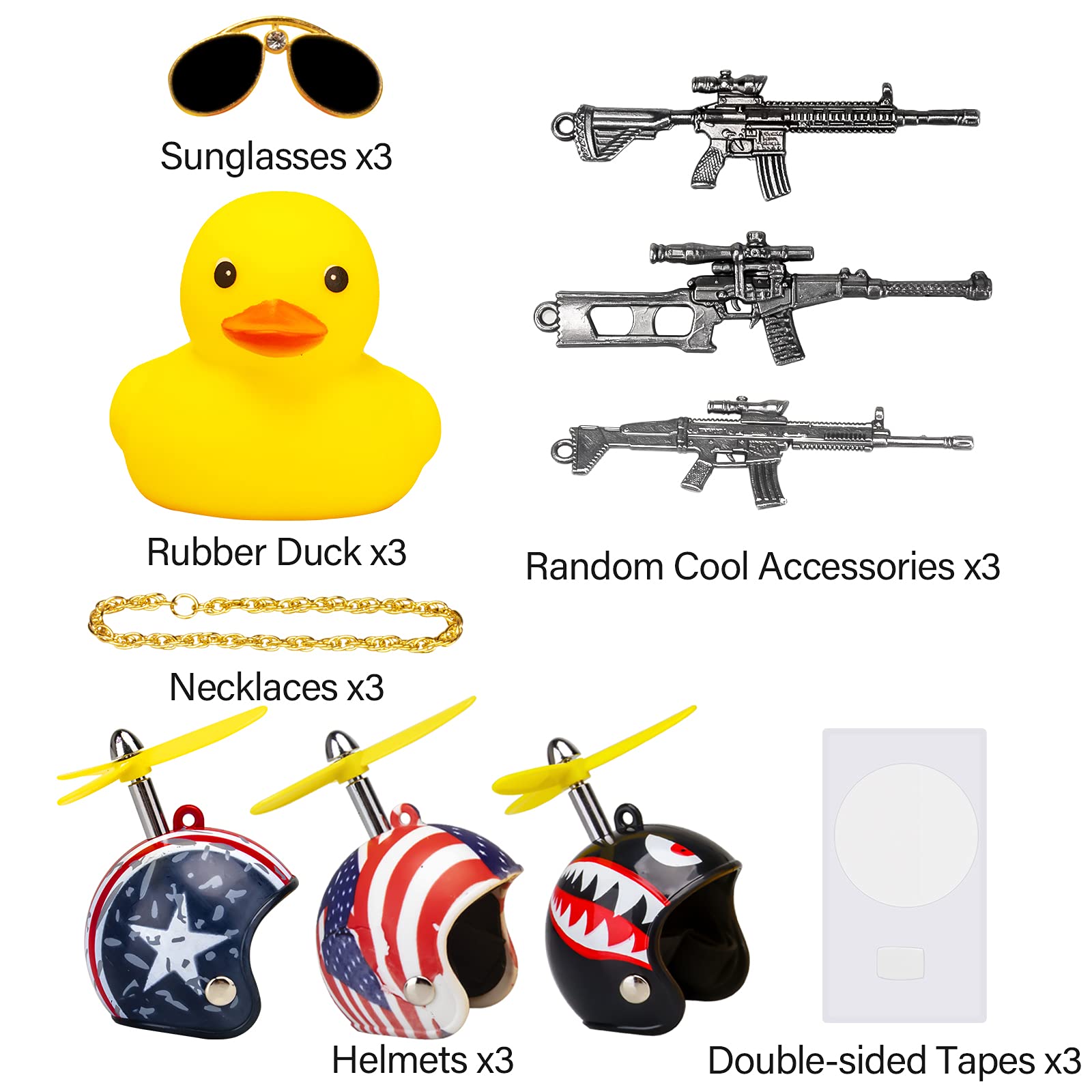 wonuu 3 Pack Car Rubber Duck Cute Yellow Wind-Breaking Ducks Dashboard Decorations Small Ornaments with Propellers Glasses Gold Chain (Yellow-Stars and Stripes&Flag&Shark)